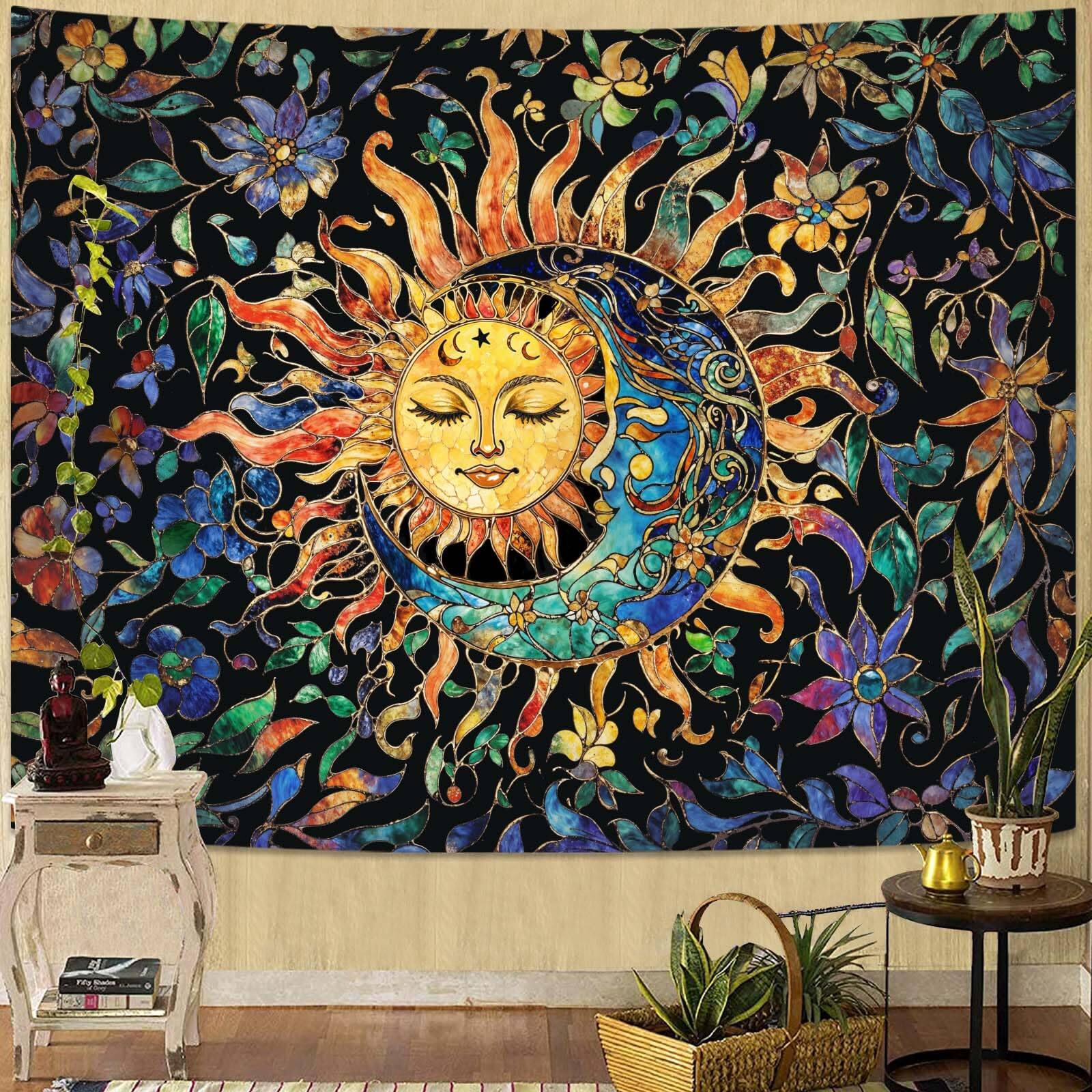 Dapper Styles Sun And Moon Tapestry For Bedroom Boho Hippie Floral Wall ...