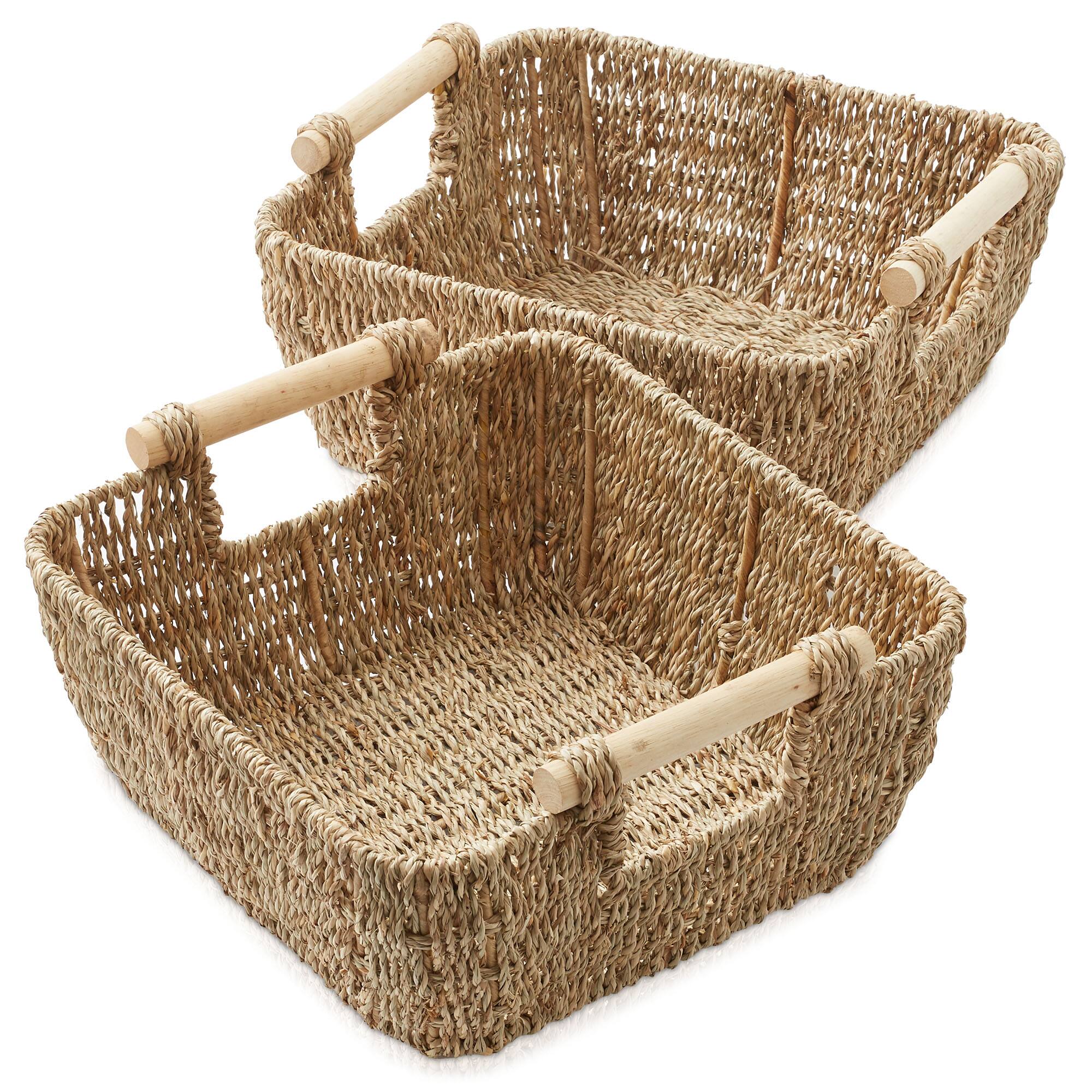 Casafield Hyacinth Seagrass Oval Storage Baskets with Wooden Handles ...