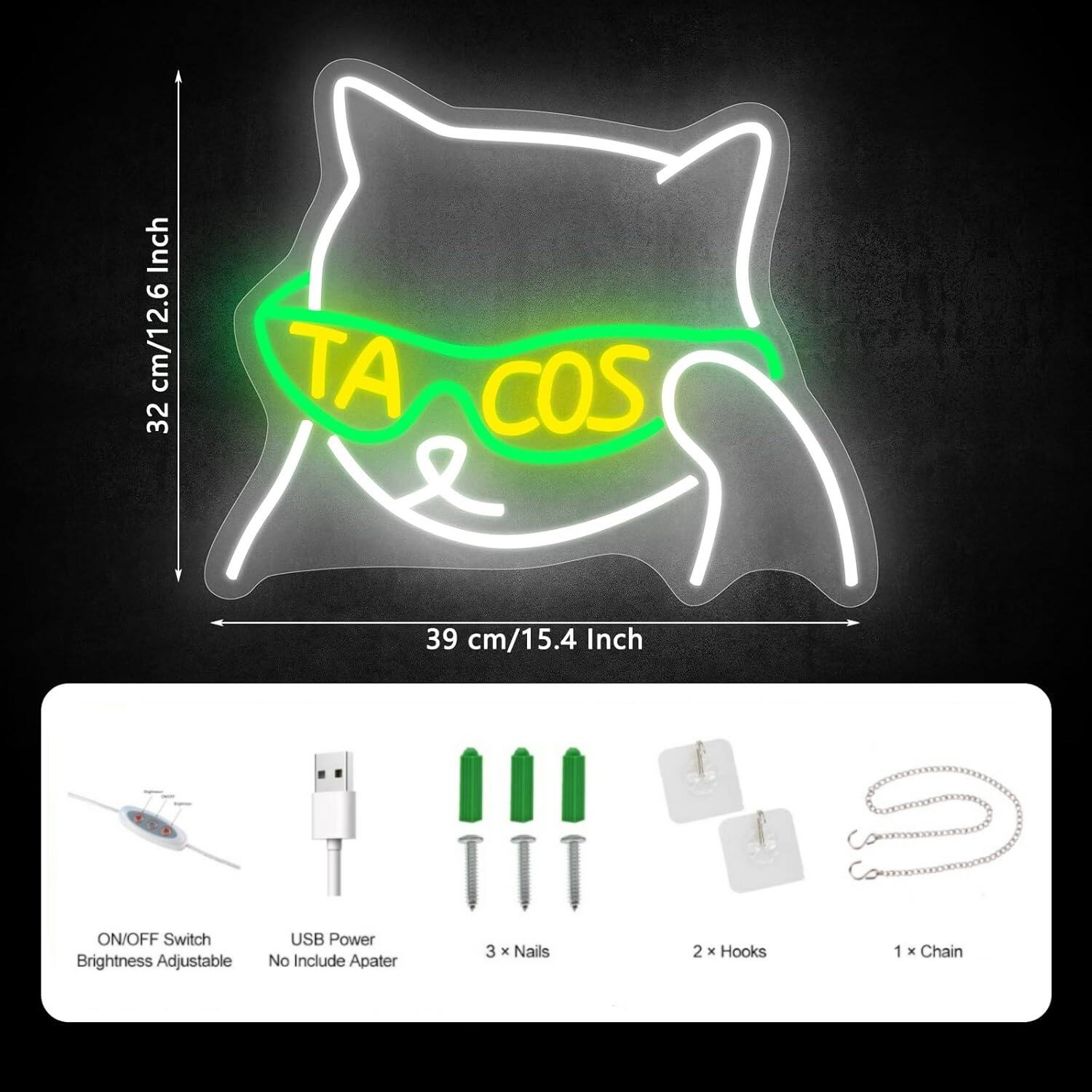 Auledio Tacos Sunglasses Cat Neon Sign, Anime Neon Signs for Wall Decor ...