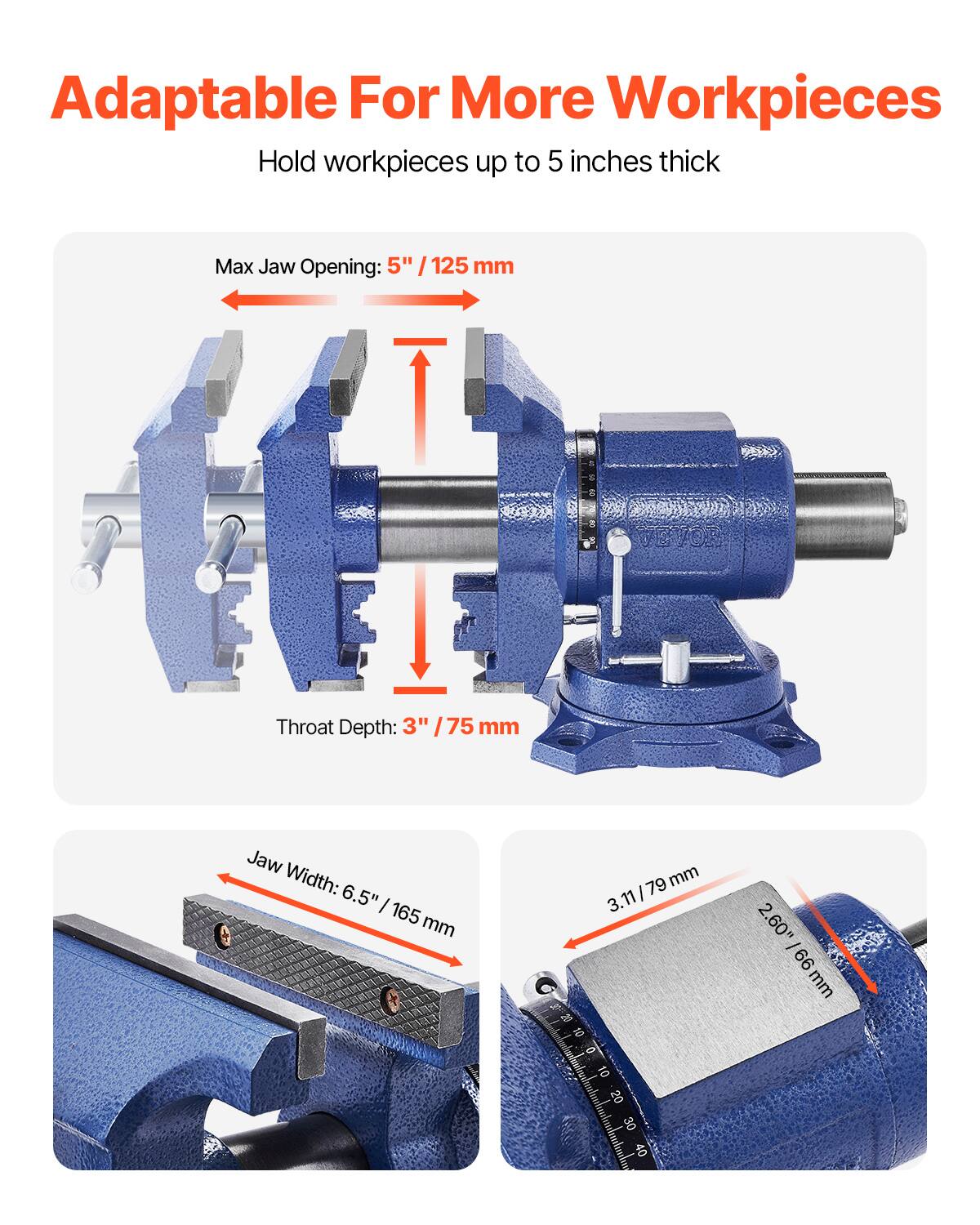 VEVOR Heavy Duty Bench Vise, 6 1/2" Jaw Width, 5" Max Jaw Opening Multi ...