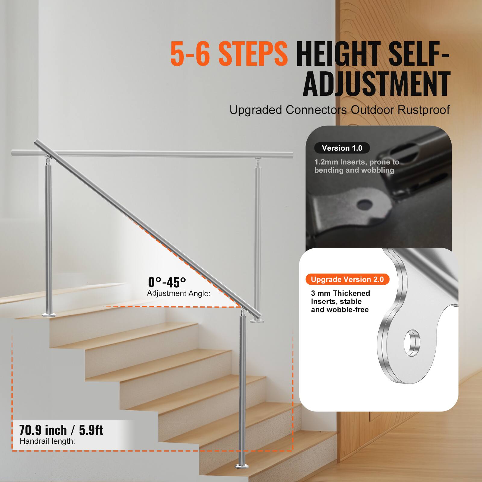 VEVOR Handrails for Outdoor Steps, 70.9 in/ 180cm Length Stair Hand ...