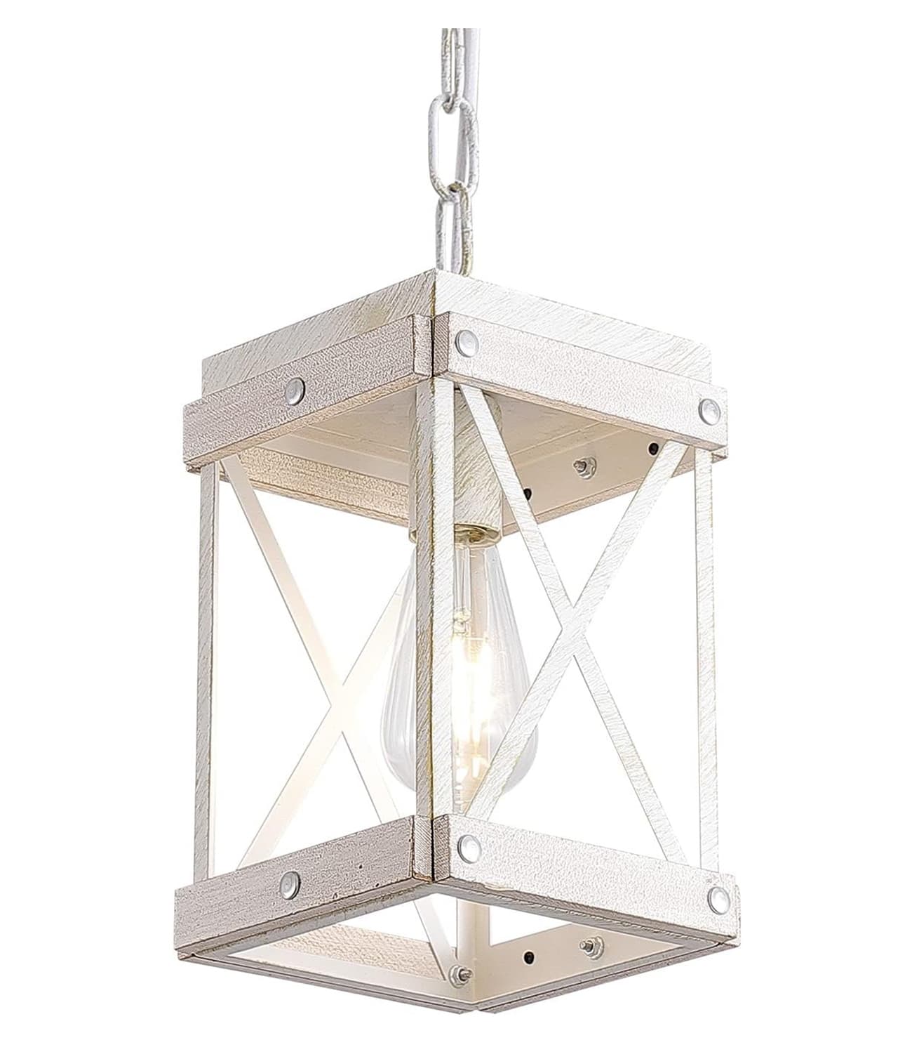 FINEAK Antique White Pendant Light: Wood & Metal Cage, Adjustable Chain ...