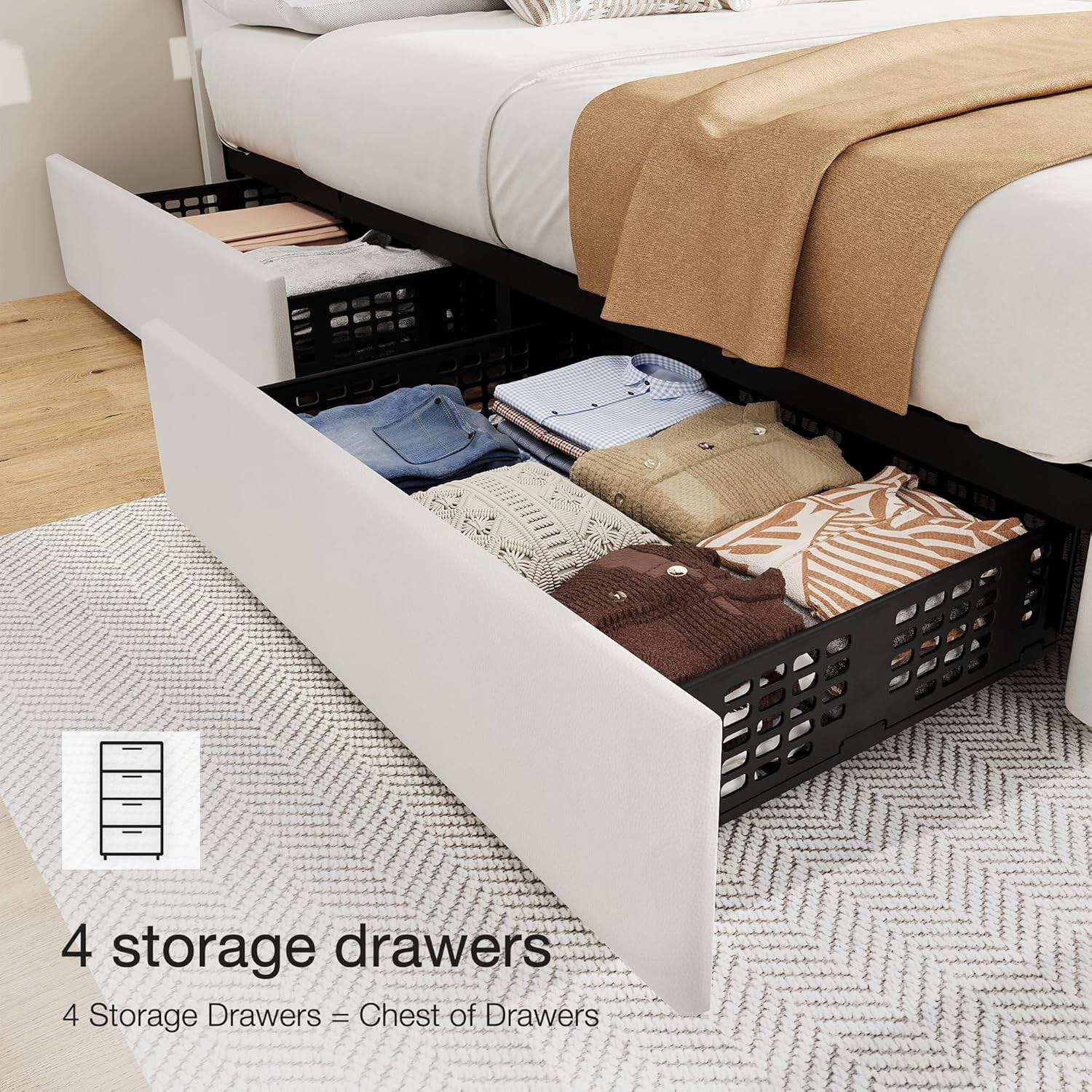 Jojoka Full Size Bed Frame with 4 Storage Drawers, Adjustable Tufted ...