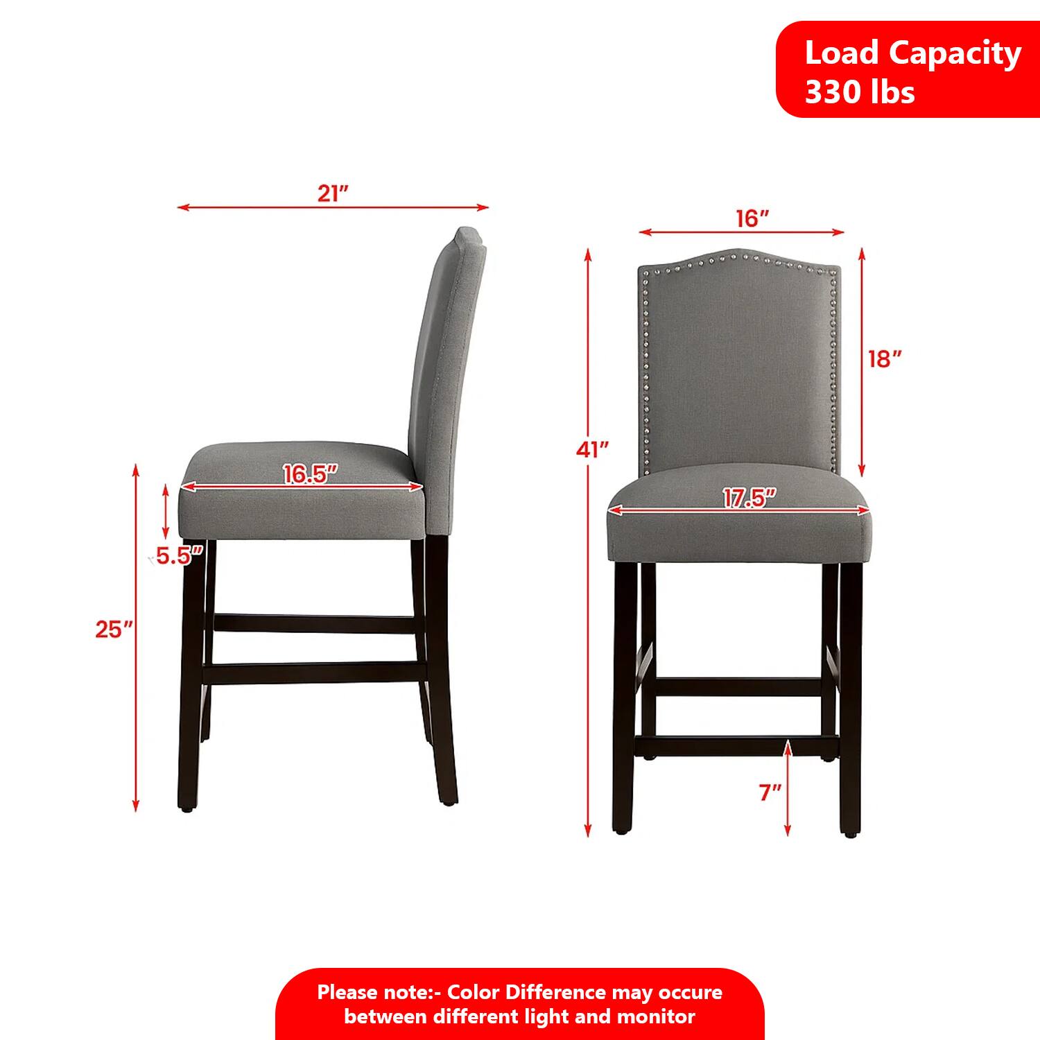 Hivvago Set of 2 Upholstered 25 Inch Counter Stools with Solid Rubber ...