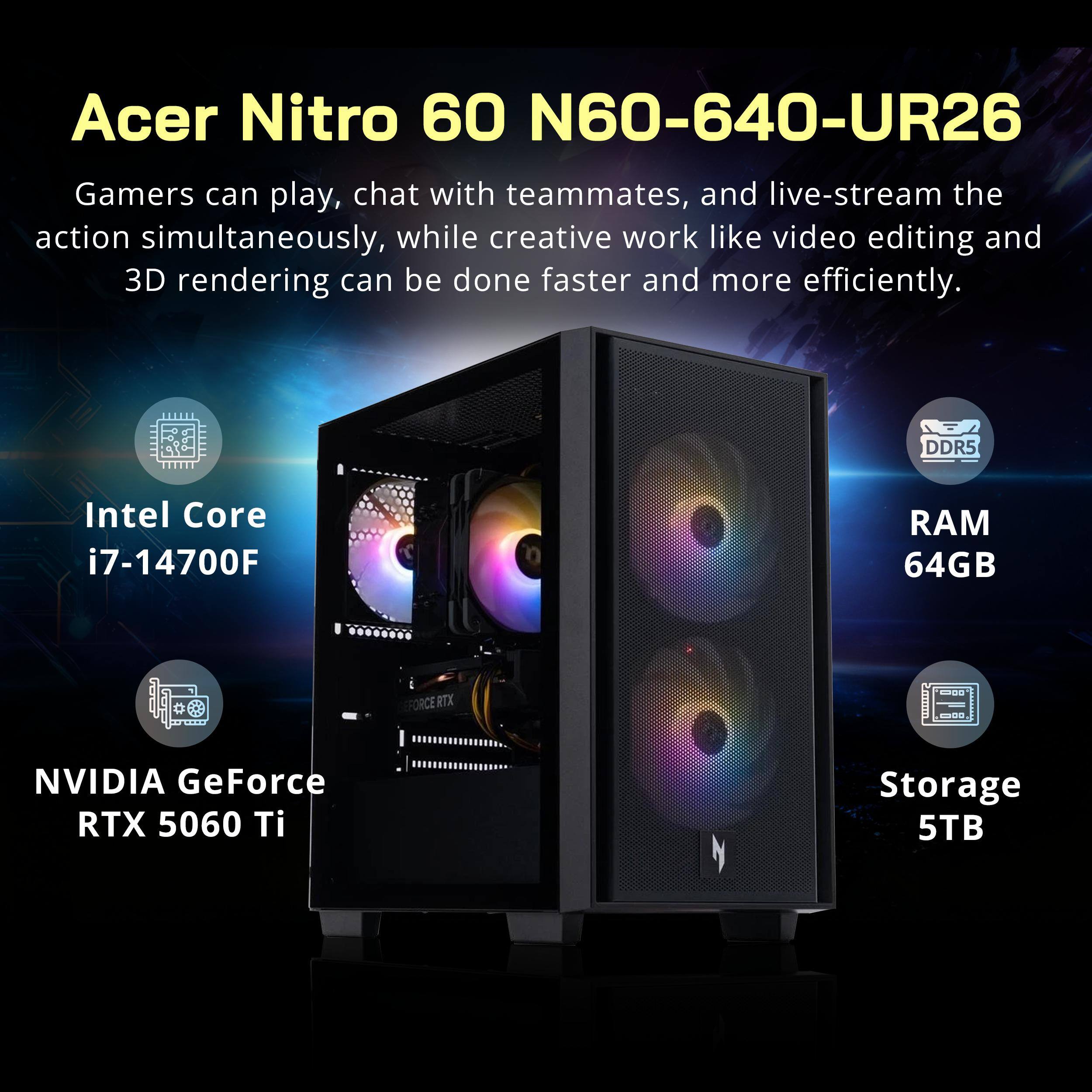 Acer Nitro 60 Desktop,Intel Core i7 14700F,GeForce RTX 5060 Ti,64GB,4TB ...