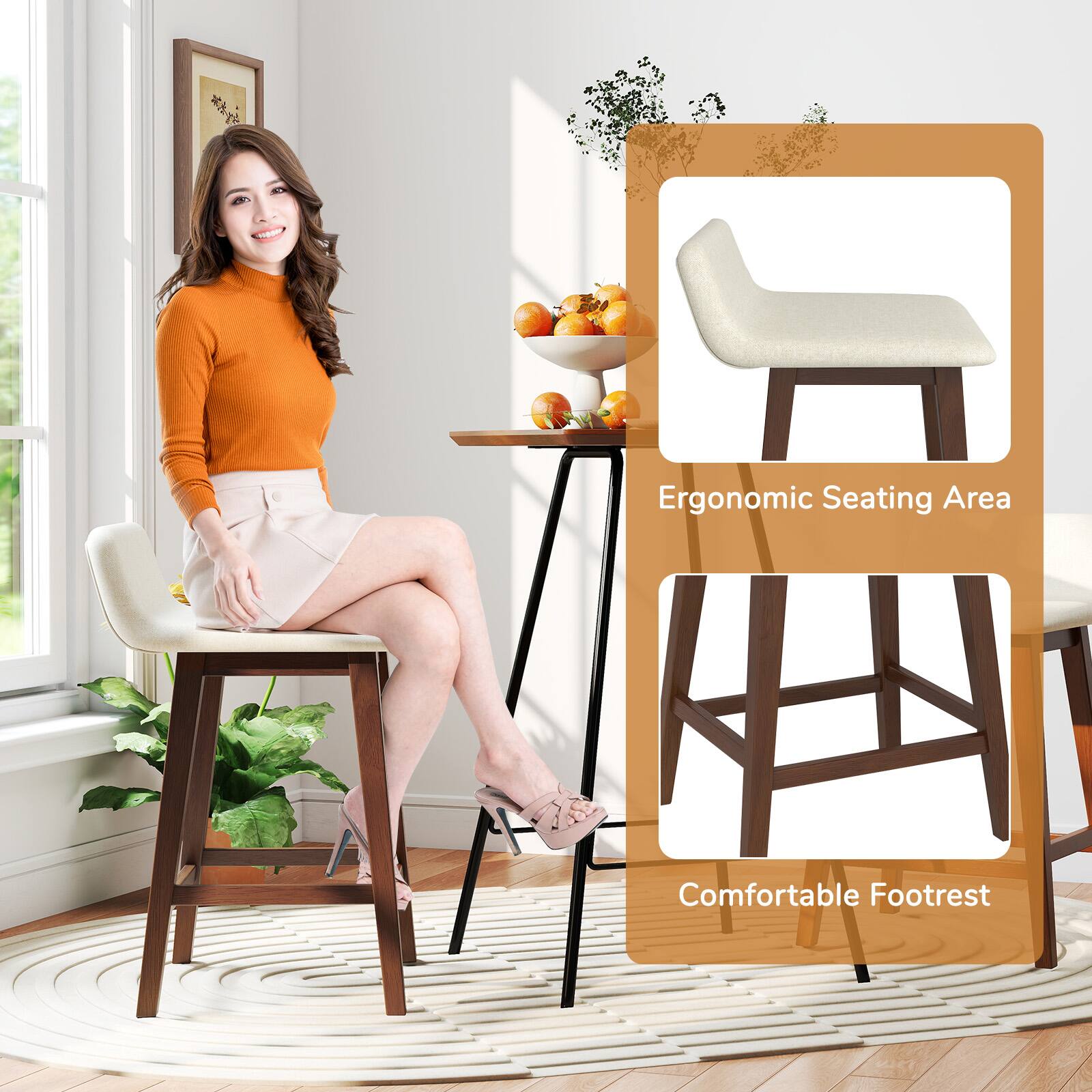 Gymax 24'' Upholstered Barstools w/ Low Back Footrest & Wood Legs for ...