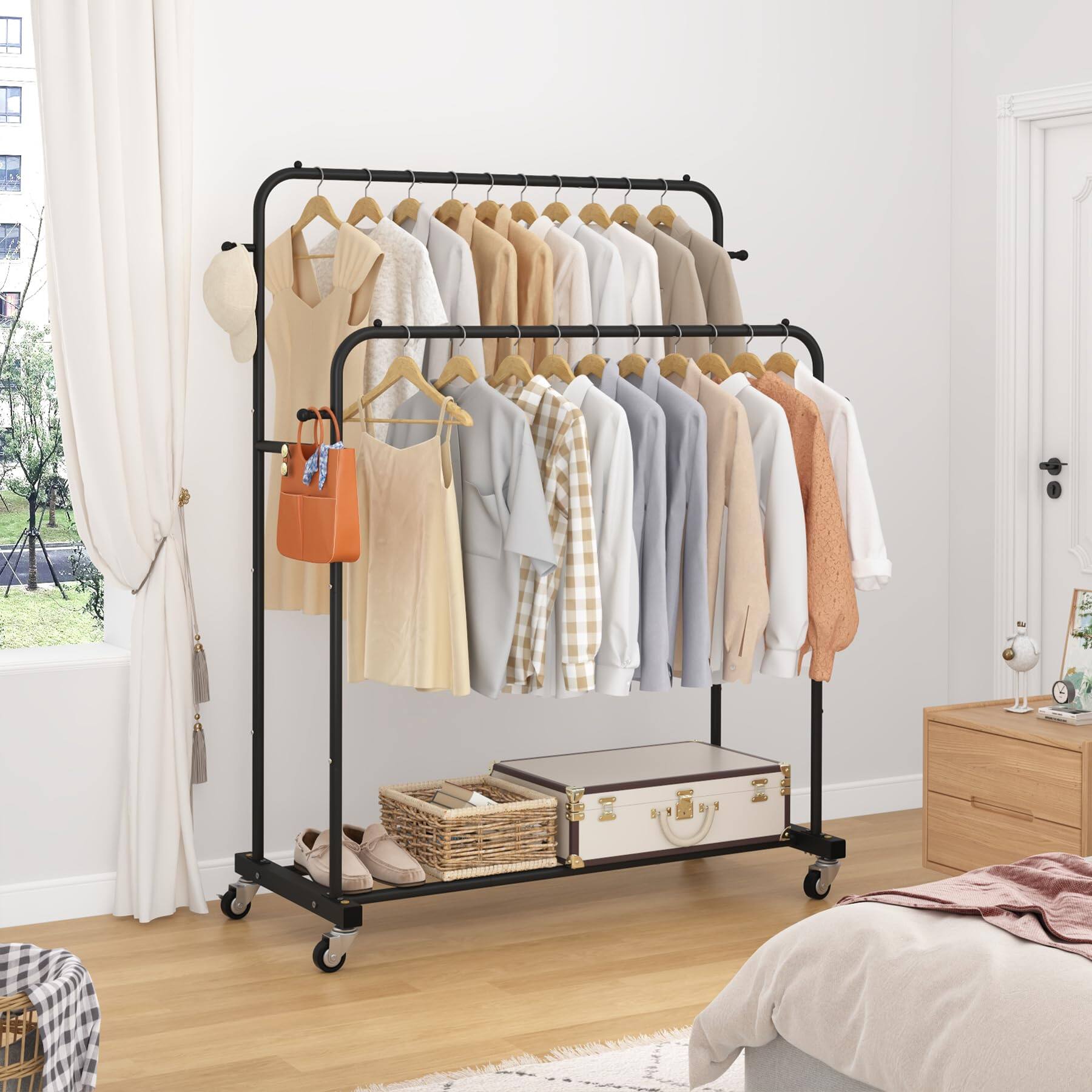 Hirose Alice Laiensia Double Rods Garment Rack with Wheels Clothing ...