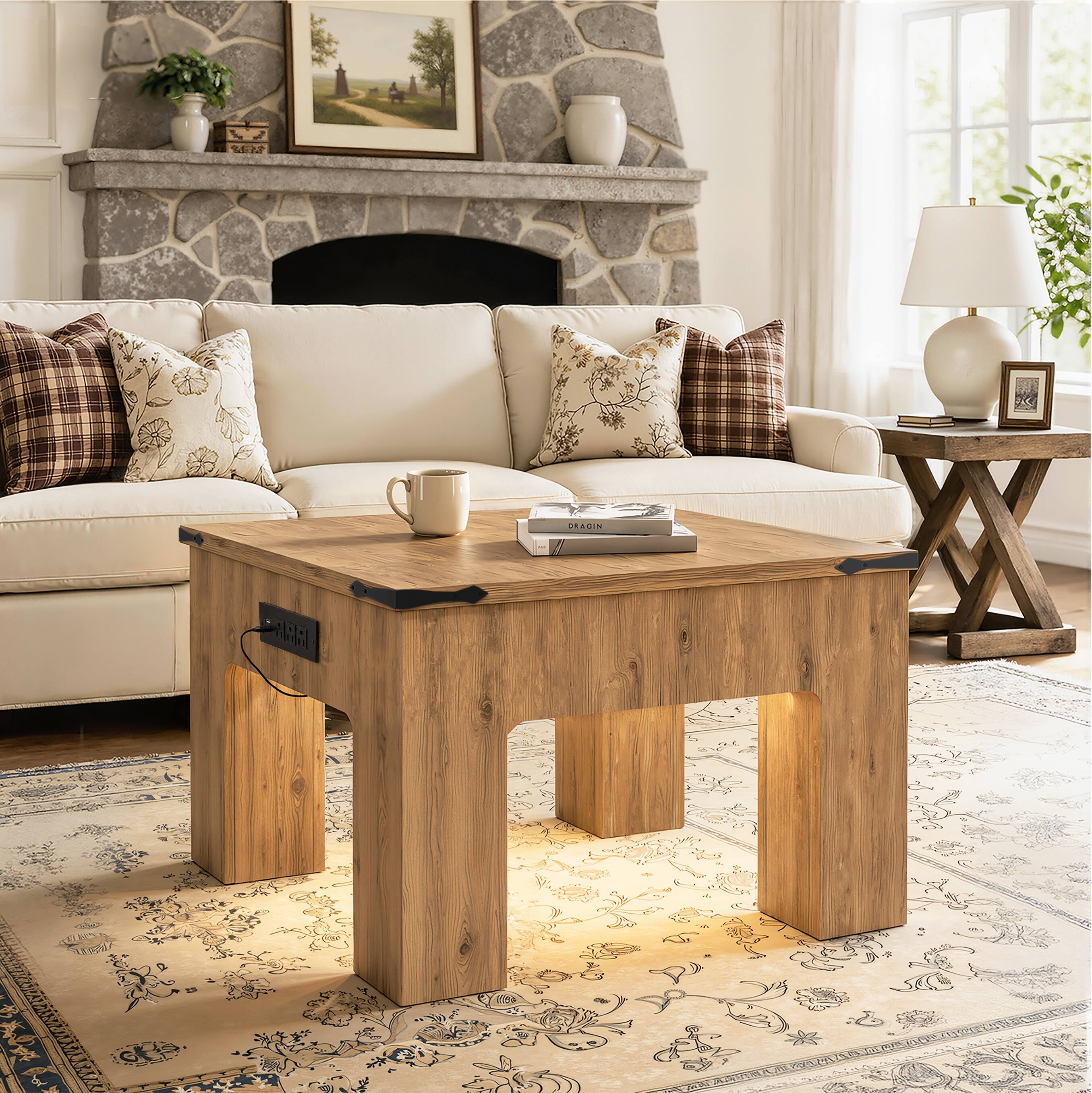 Aheaplus Square Coffee Table with Charging Station and LED Lights for ...