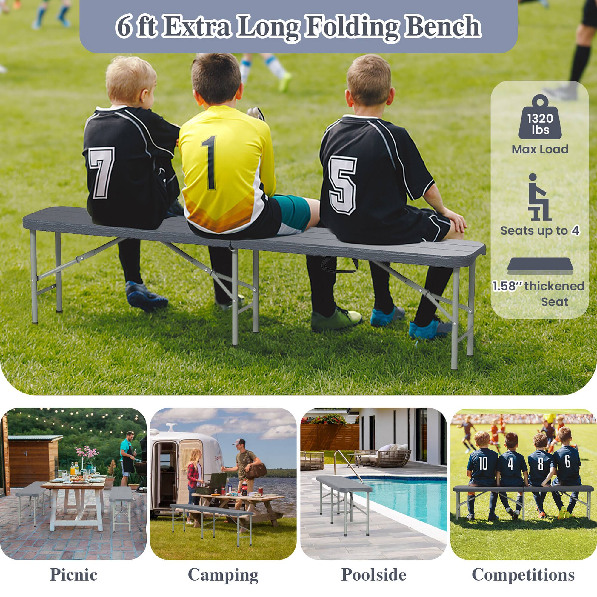 Gymax 2PCS 6 ft Plastic Folding Bench Portable Fold in Half Seat w ...