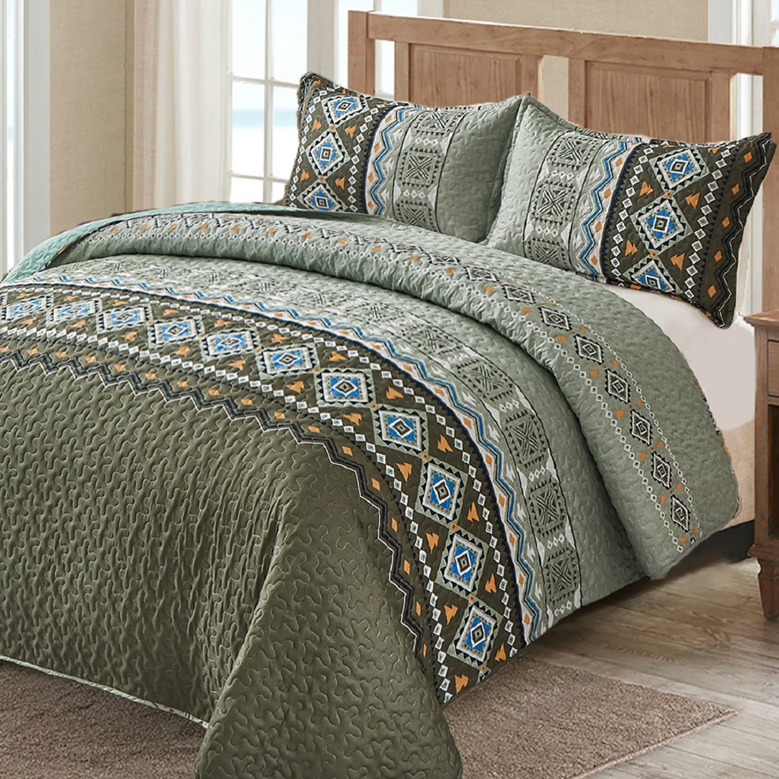 Dapper Styles Boho Quilt Set King Olive Fall Bedspread Coverlet With Geometry Printed For All ...