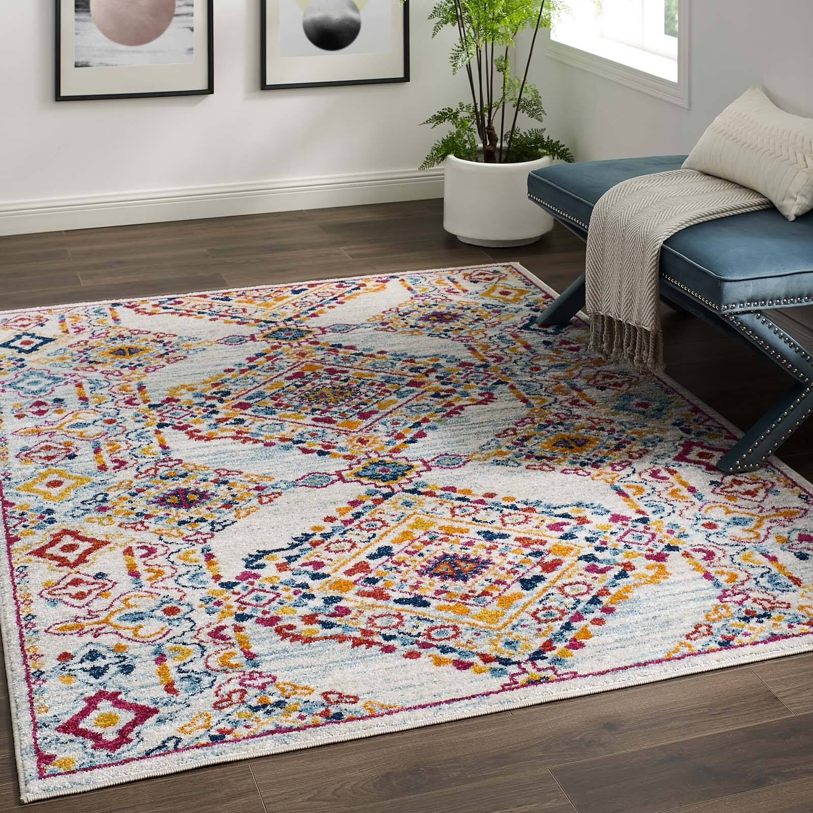 Modway Entourage Khalida Distressed Floral Lattice Area Rug Ivory Blue ...