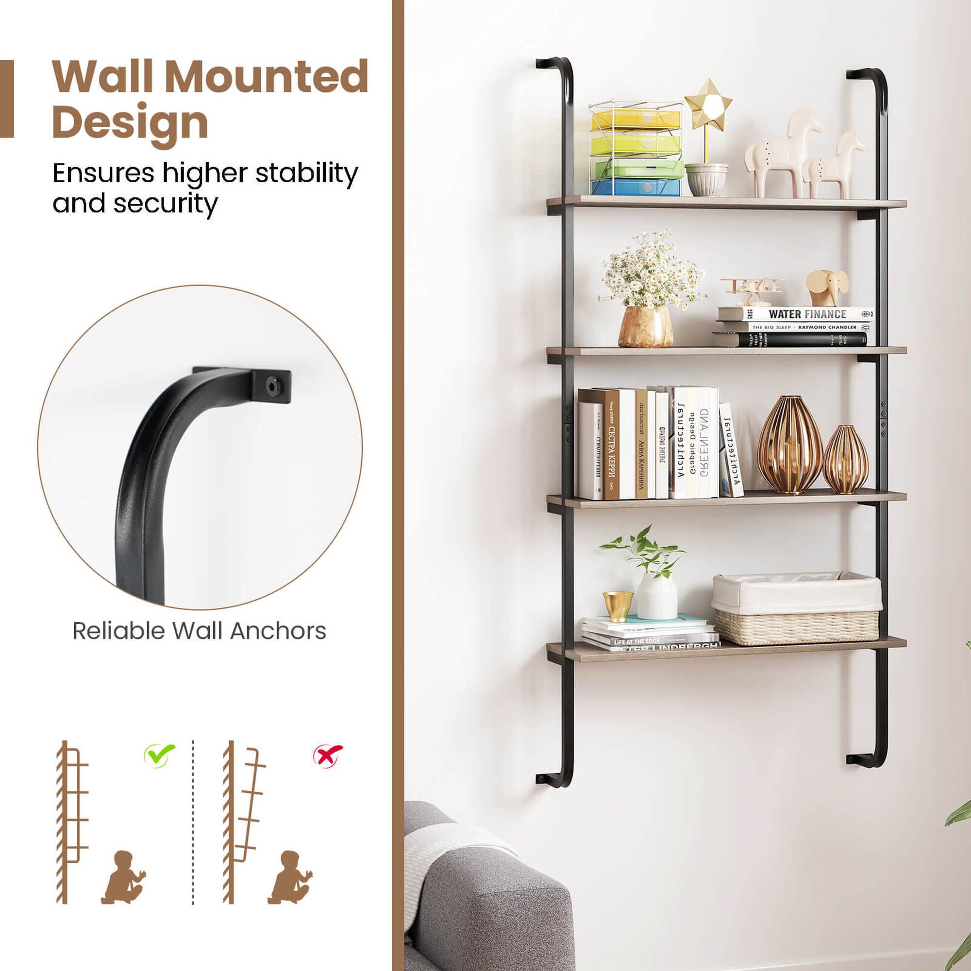 Costway 1 PCS 4 Tier Wall mounted Ladder Shelf Display Bookshelf with ...