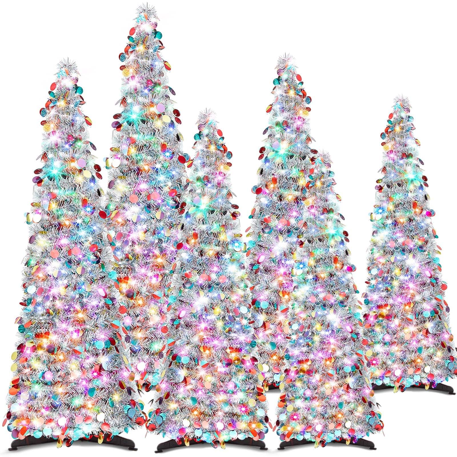 TECH SAFARI - 4/5/ Collapsible With Lights Artificial Pop Up Tinsel Pencil Skinny Xmas Trees For ...