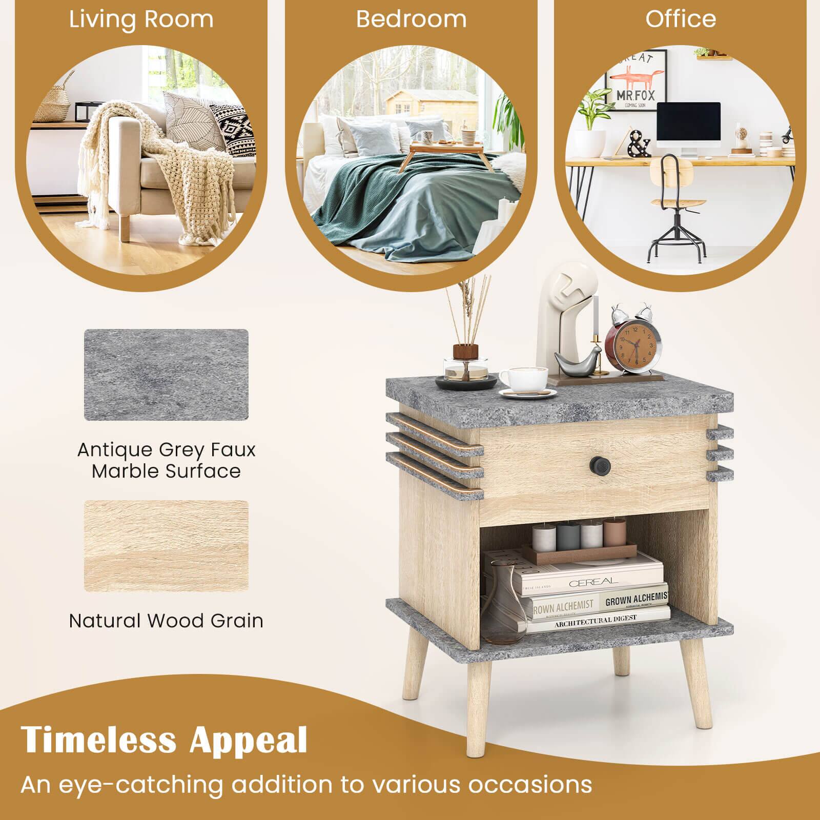 Costway 2 PCS 3-Tier Bedside Table with Antique Grey Faux Marble Top ...