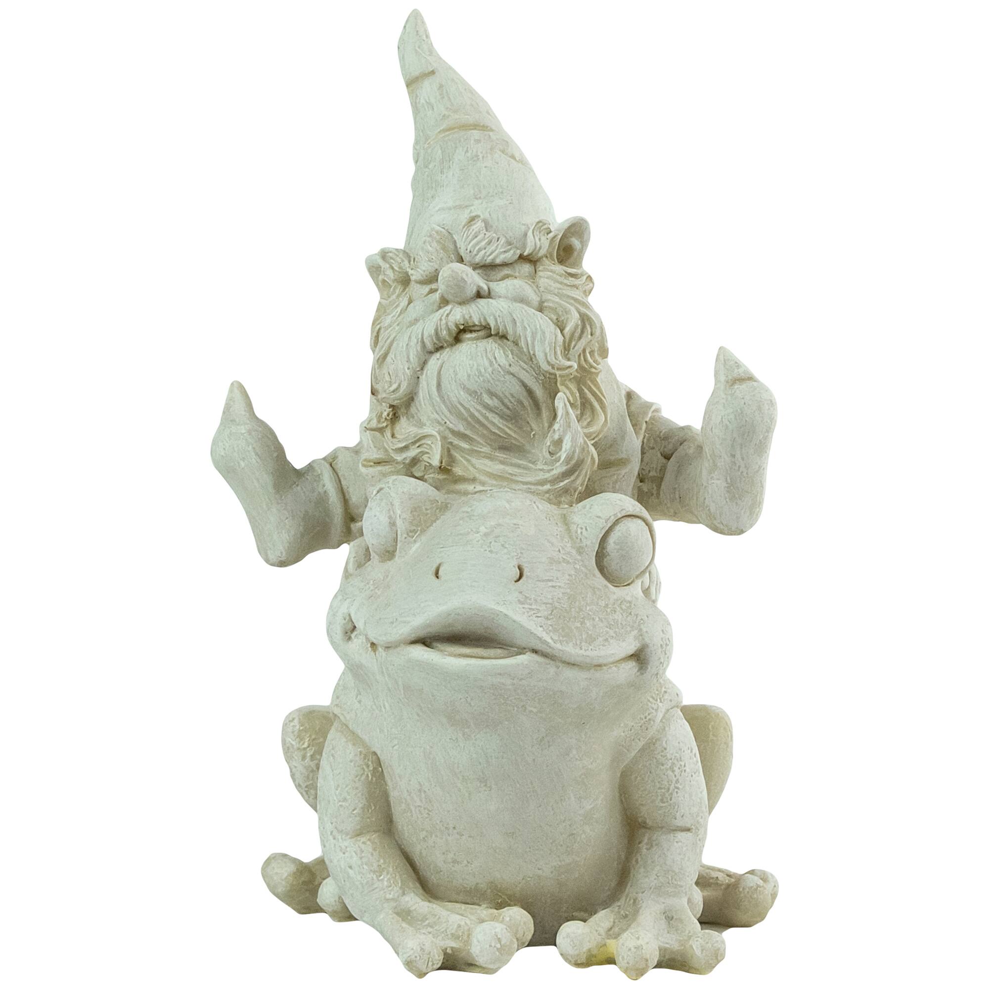 Northlight 9.5" Gnome Leaping Over a Frog Outdoor Garden Statue Beige ...