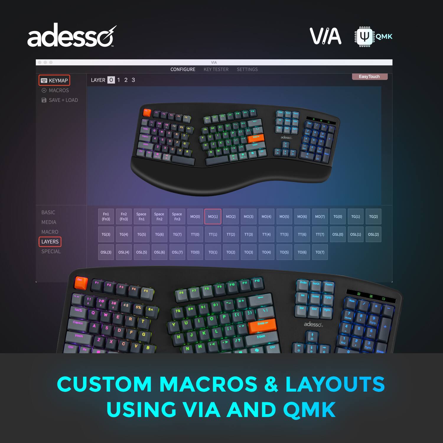 Adesso EasyTouch 1500 Wired/Wireless/Bluetooth QMK VIA Mechanical ...