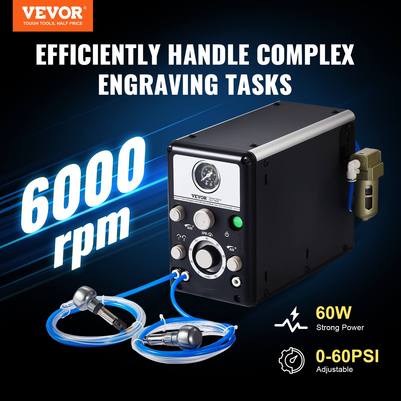VEVOR Pneumatic Jewelry Engraver, 1200 6000 RPM Adjustable, 60W Dual Head Pneumatic Engraving ...
