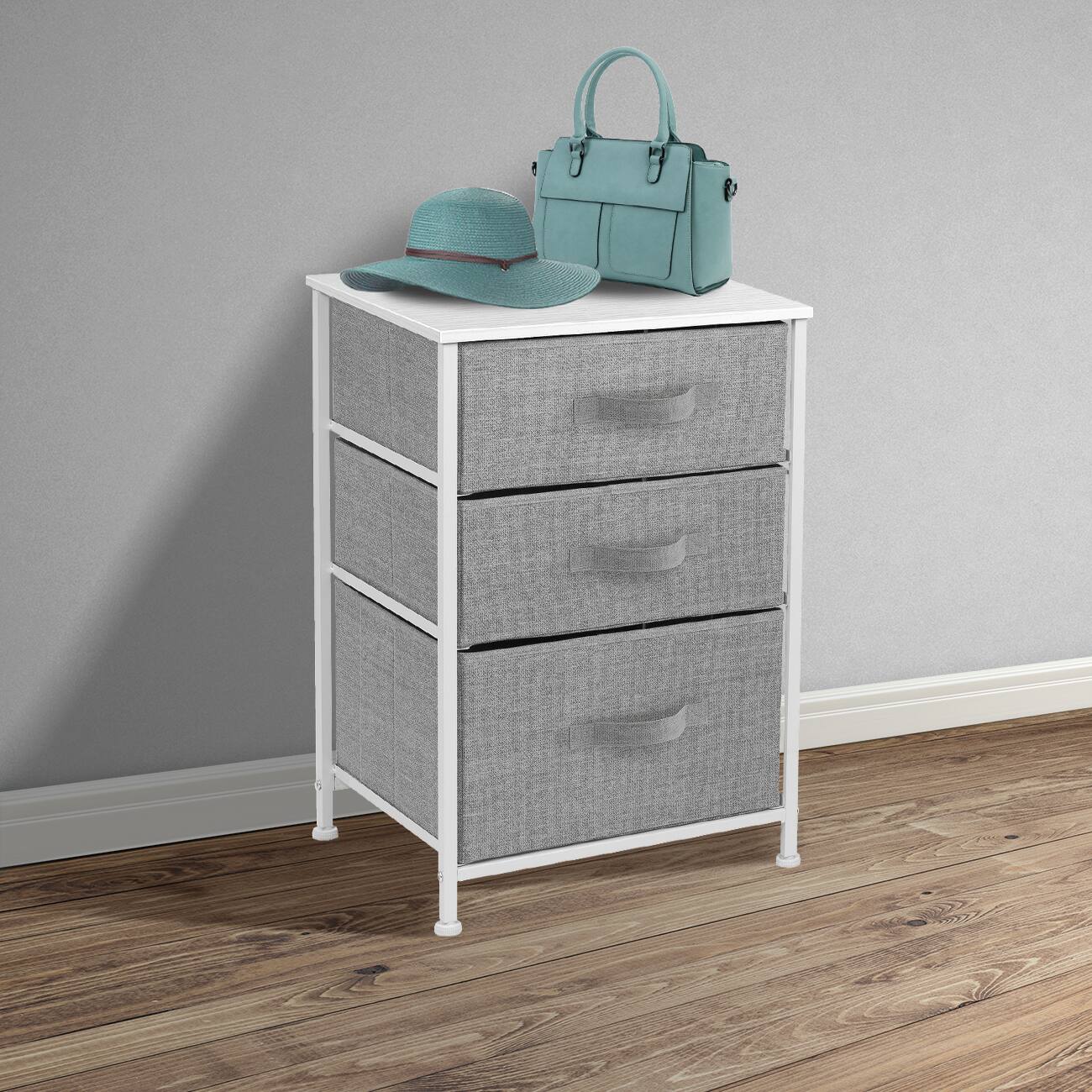 Sorbus Nightstand with 3 Drawers Steel Frame, Wood Top &Fabric Bins ...