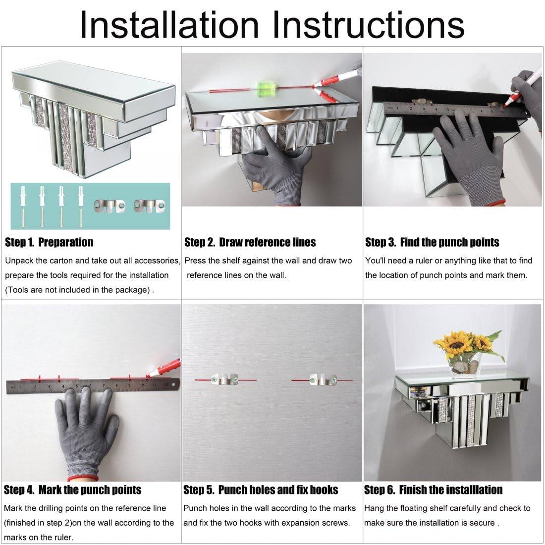 Comfort Essence Mirrored Floating Wall Shelf Mirror Crushed Decorative ...