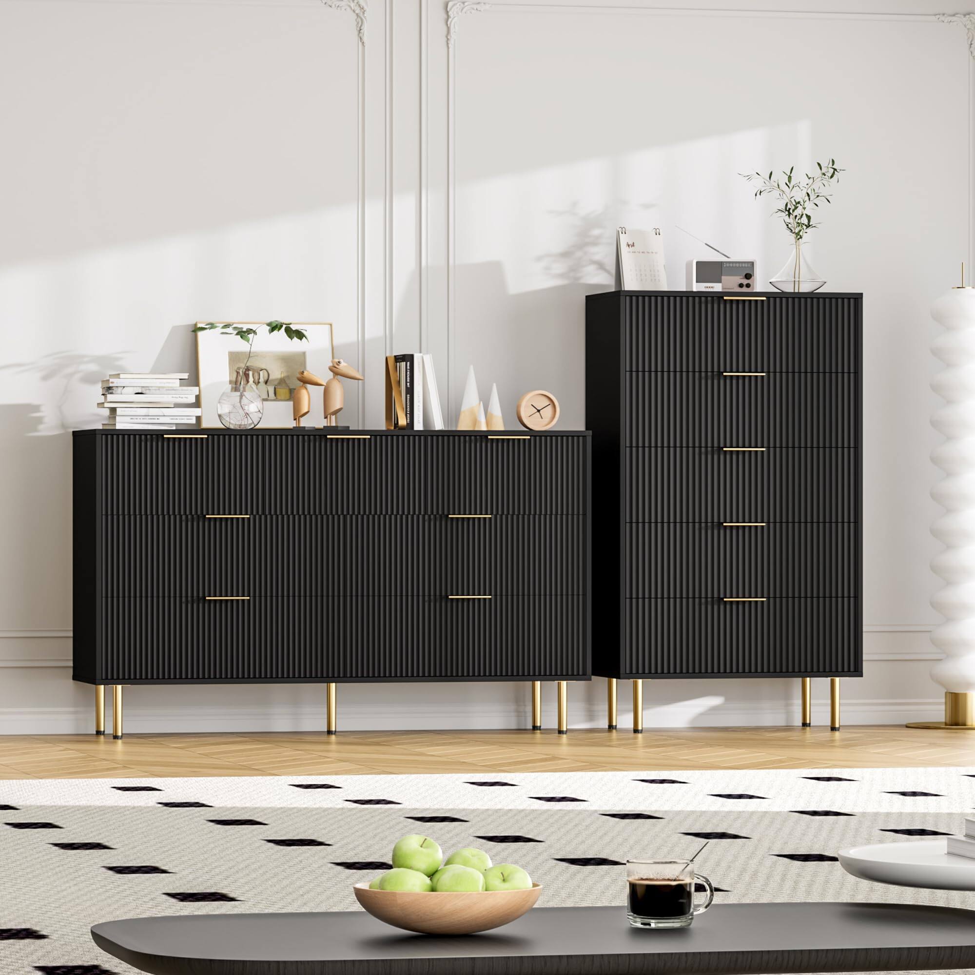 Homhougo Fluted Wood Dresser 5 Drawers Dresser for Bedroom, Modern ...