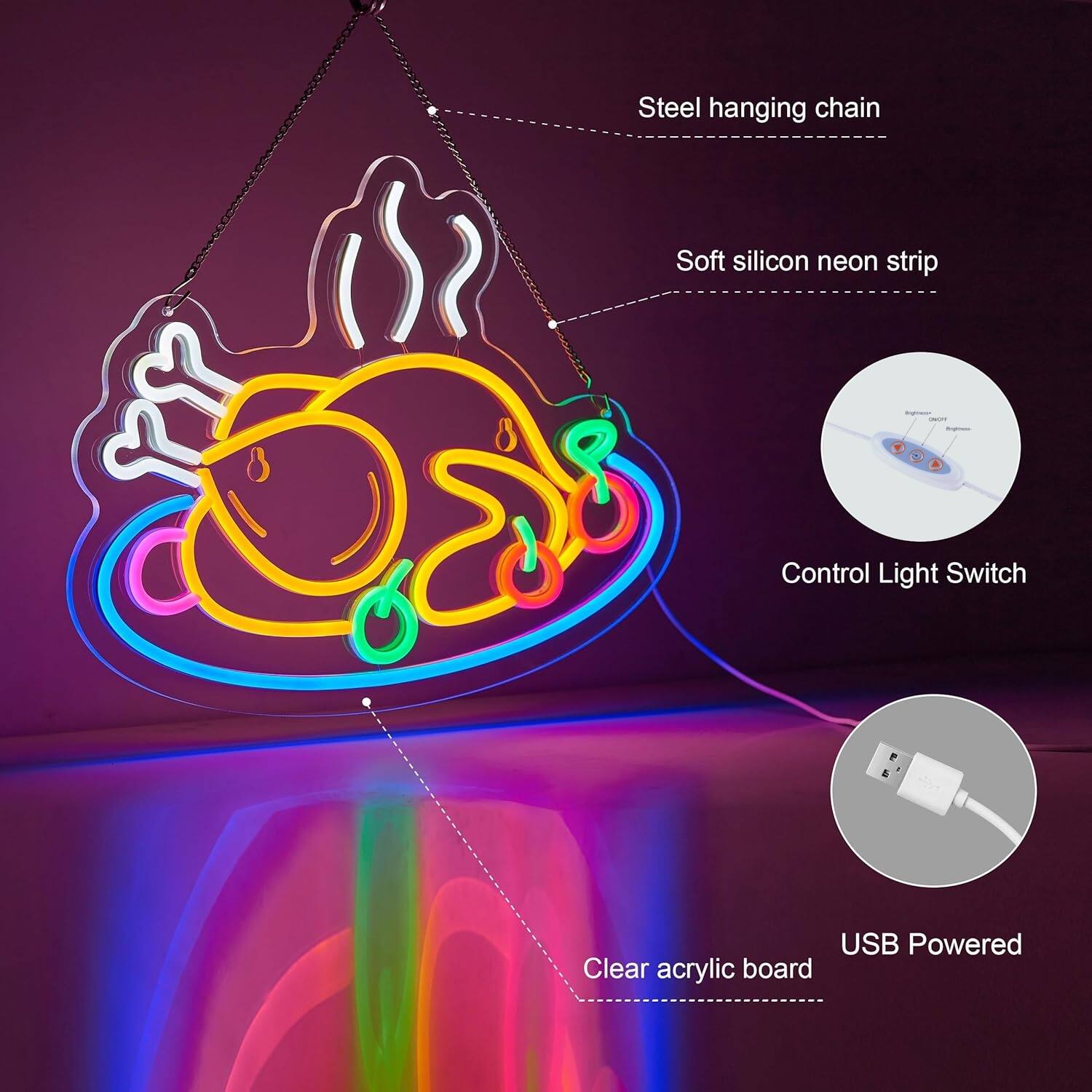 Auledio Grilled Chicken Neon Sign for Wall Décor Dimmable Roast Chicken ...