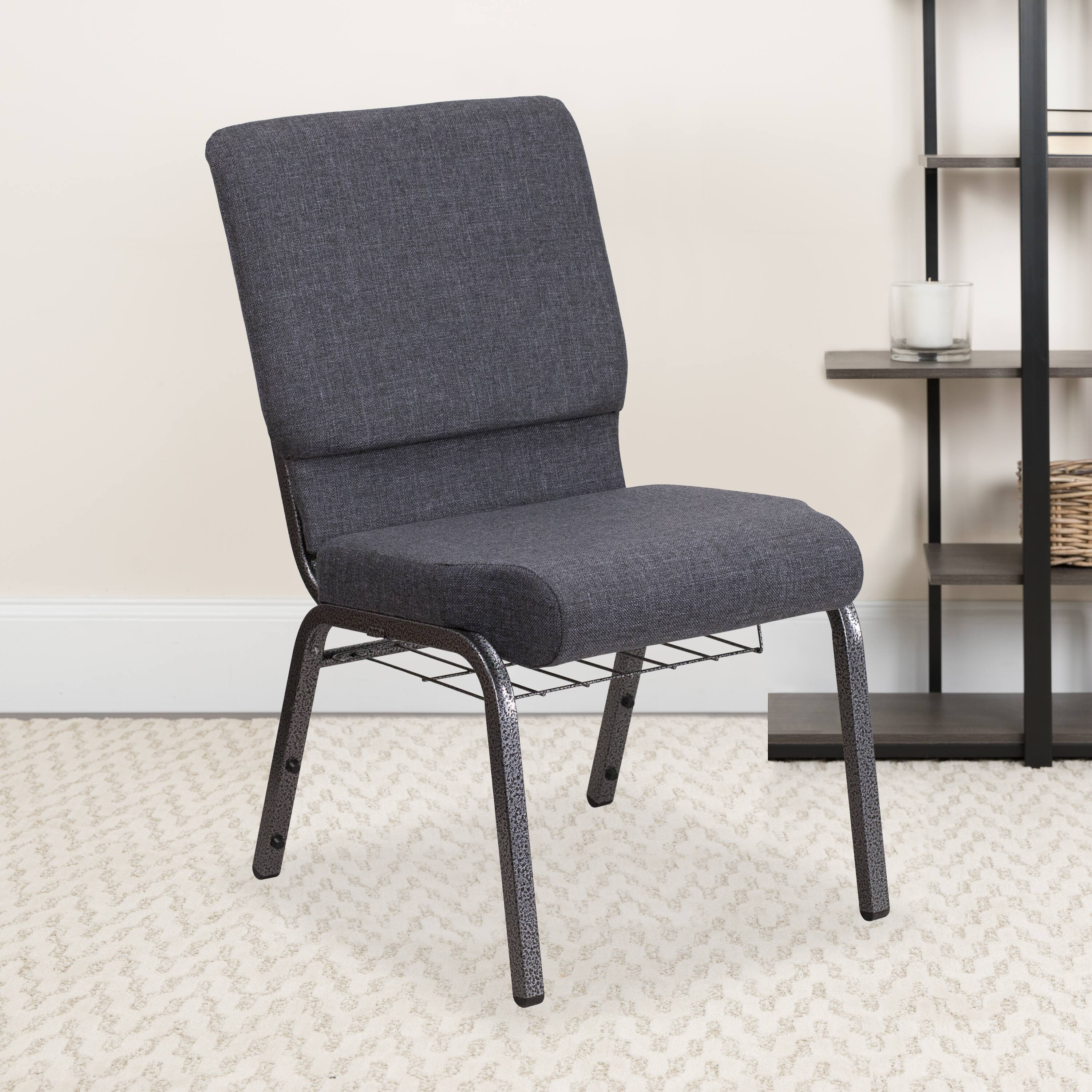 Emma + Oliver Auditorium Chair 19" Seat Book Rack Dark Gray Fabric ...