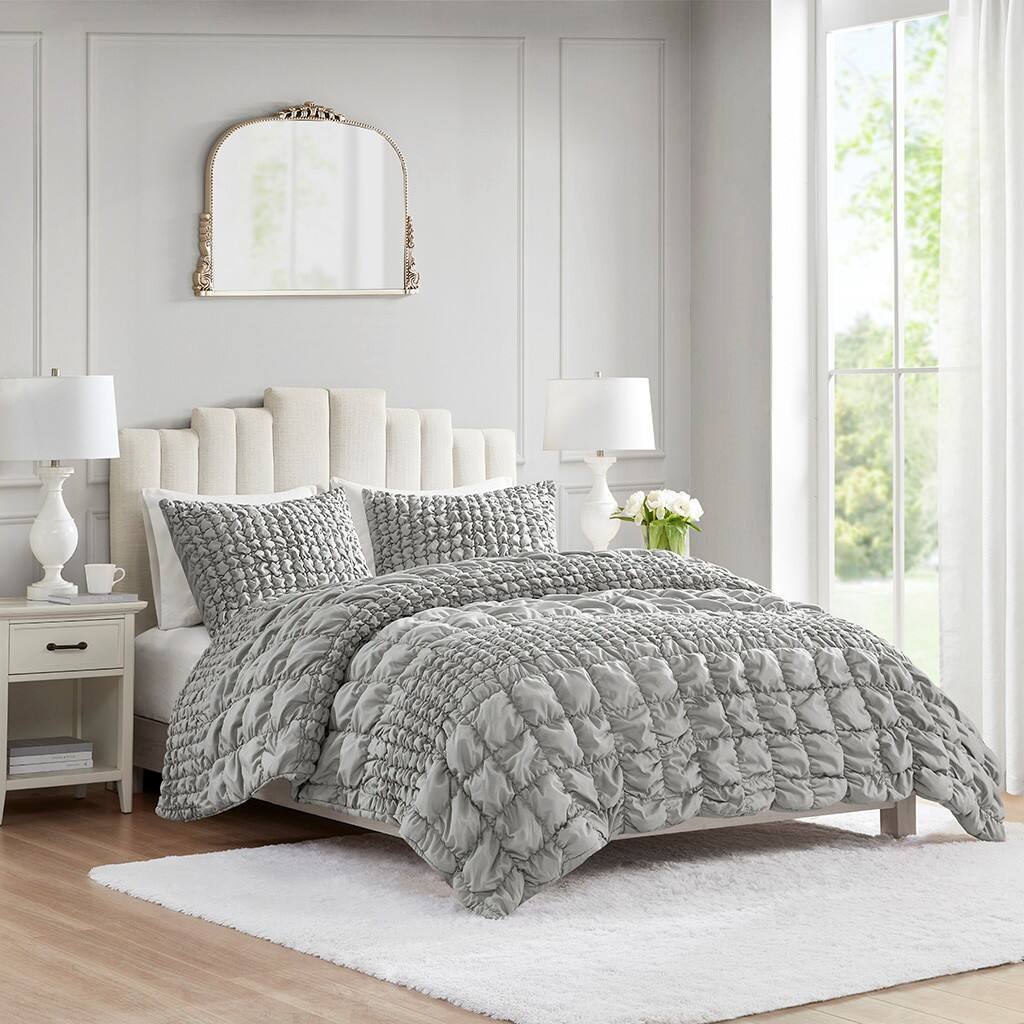 Gracie Mills Hydra 3 Piece Stripe Ruched Comforter Set Gray 7938-01PM ...