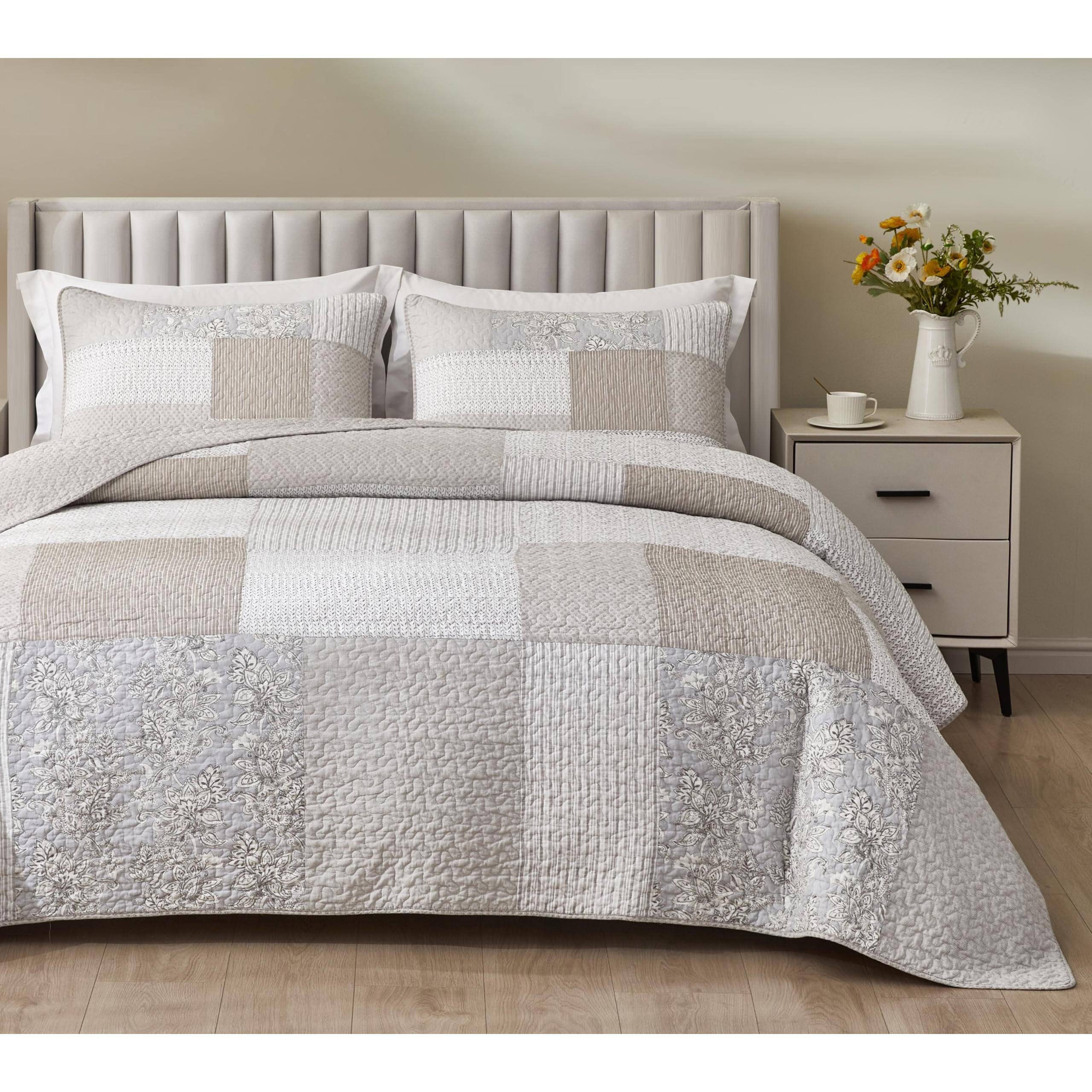 Reds Spade Robyn Neutral Floral Hibiscus Flower Patchwork Striped Quilt ...