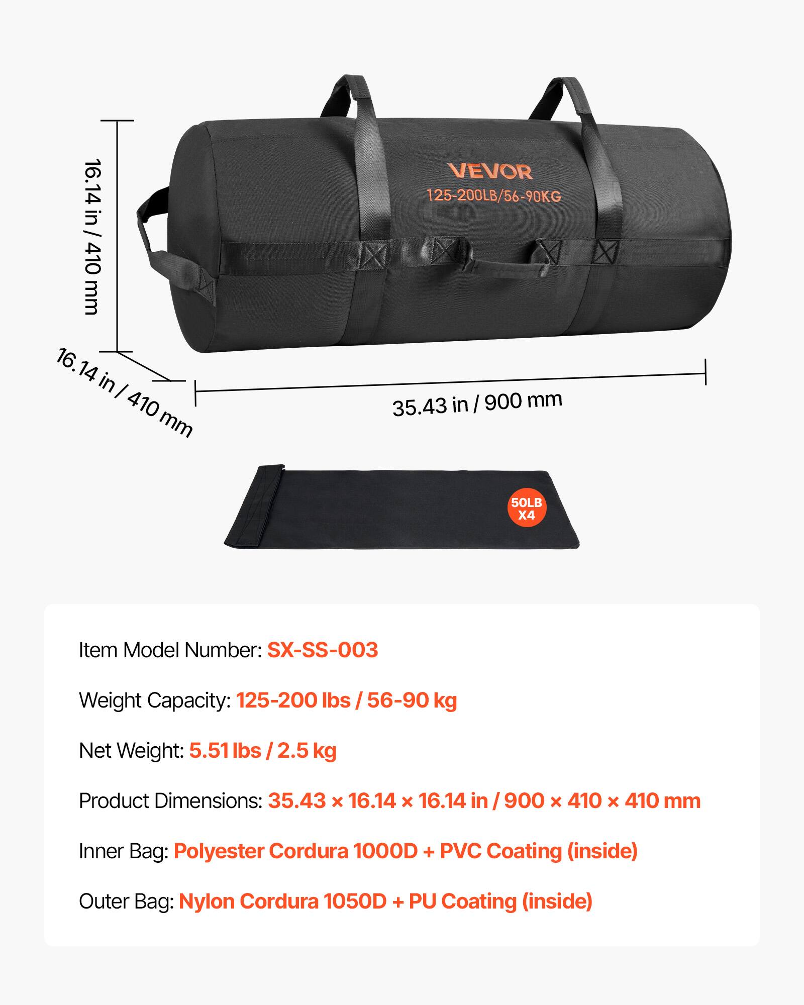 VEVOR Workout Sandbag, Heavy Duty Workout Power Bags with Handles, 125 ...