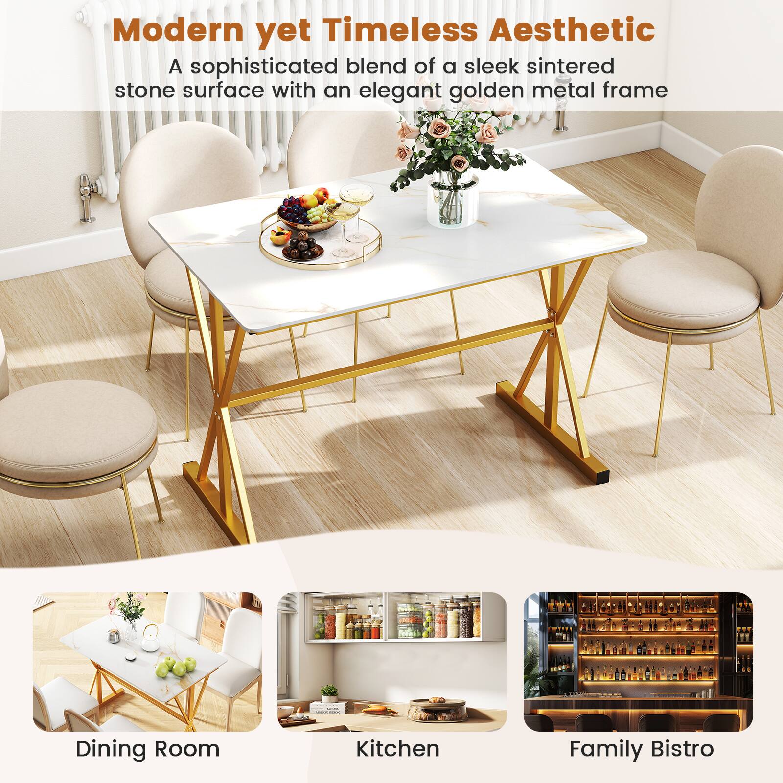 Gymax 44'' Rectangular Kitchen Table w/ Metal Frame Faux Marble ...