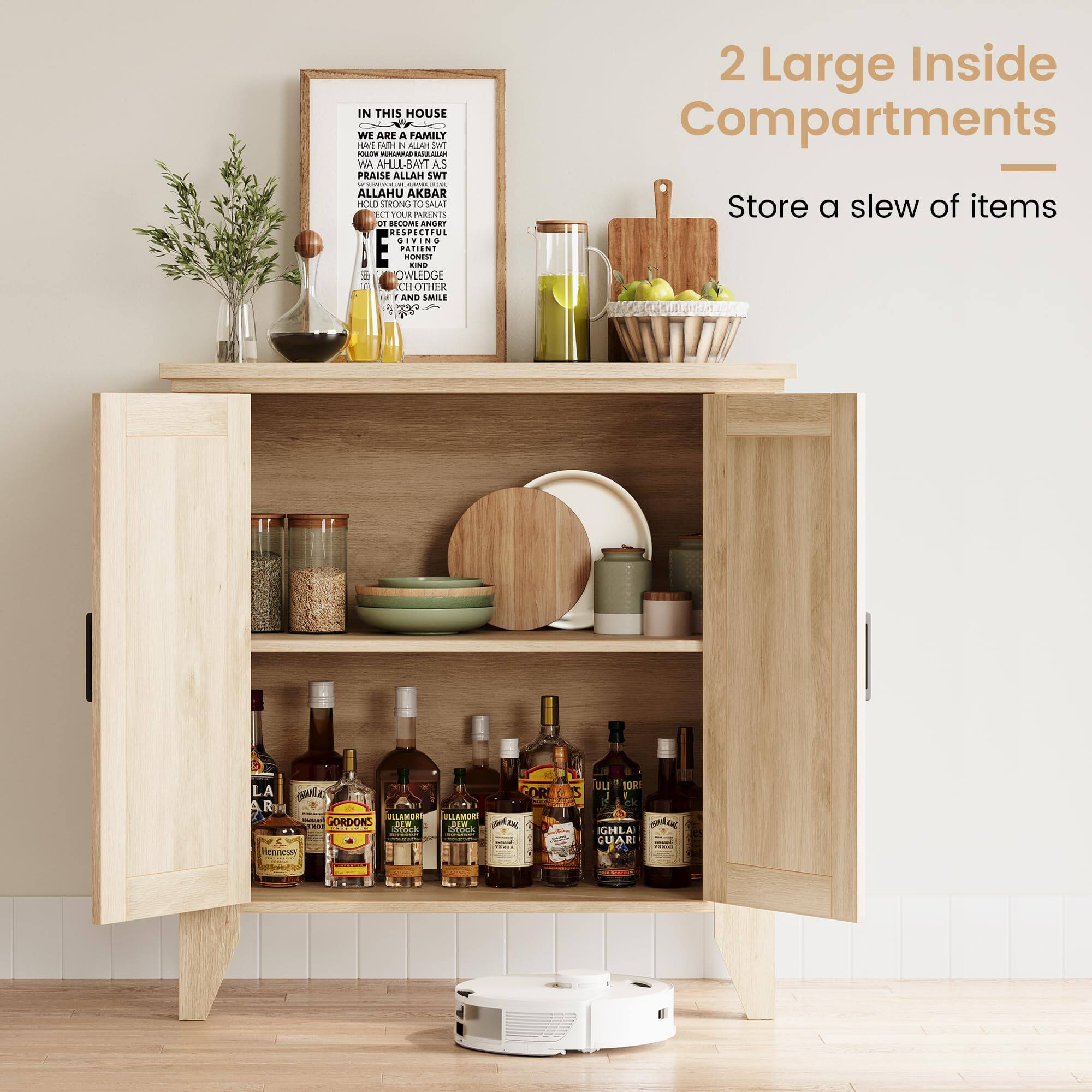 Jojoka Rattan Sideboard Buffet Cabinet with Adjustable Shelf & Storage, Wood Accent Console with ...