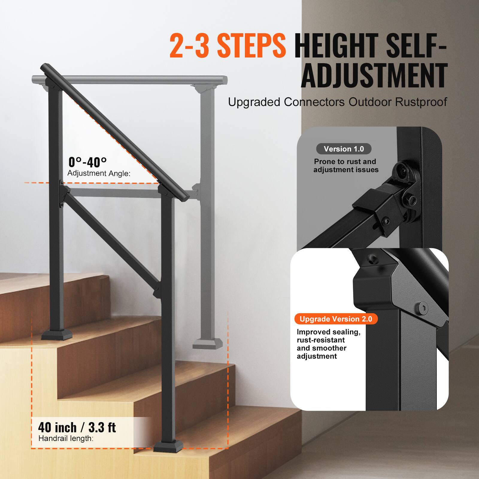 VEVOR Handrails for Outdoor Steps, 2 3 Step Stair Hand Rail Kit ...