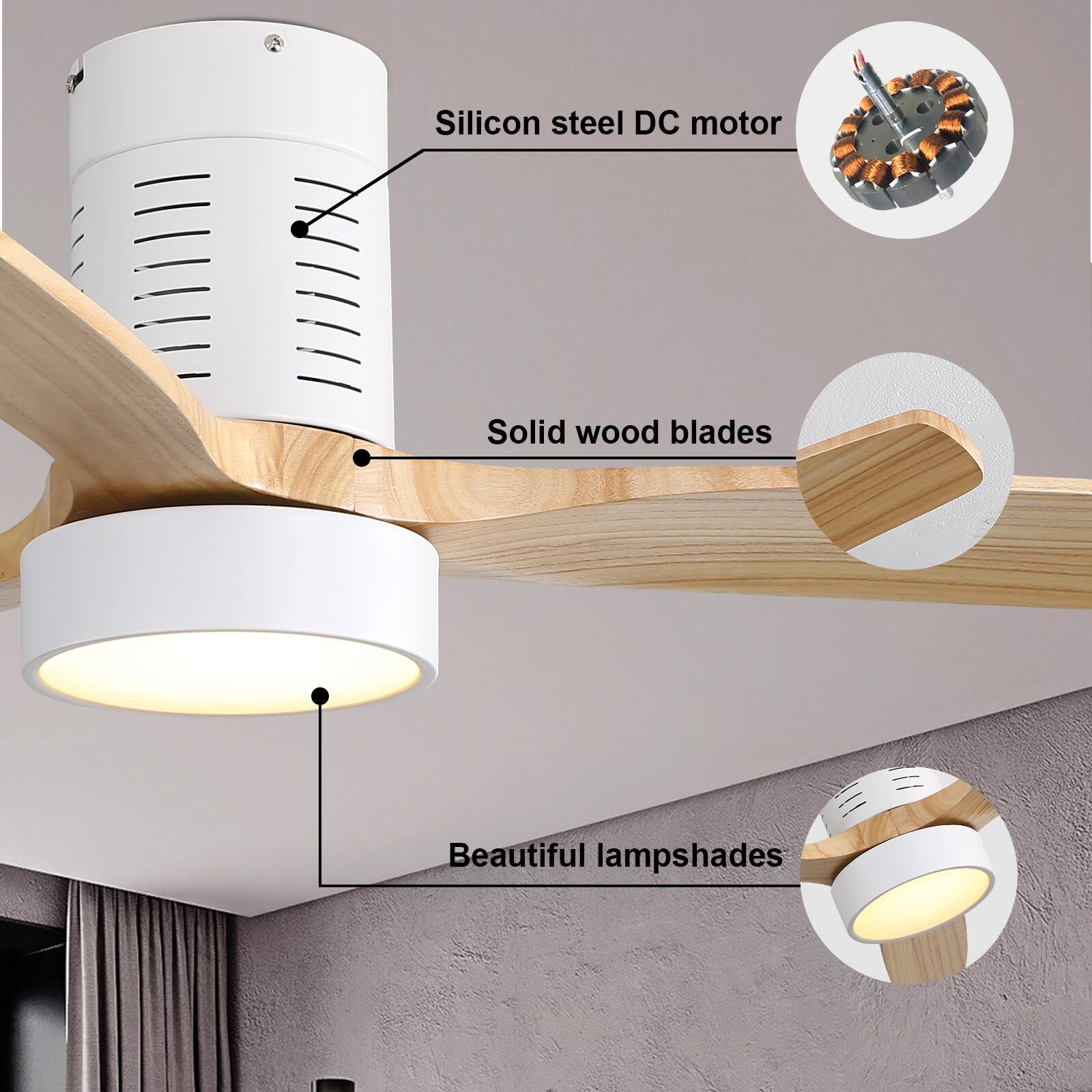 Sofucor 52'' Low Profile Ceiling Fan with Lights and Remote Dimmable LED Reversible DC Modern ...