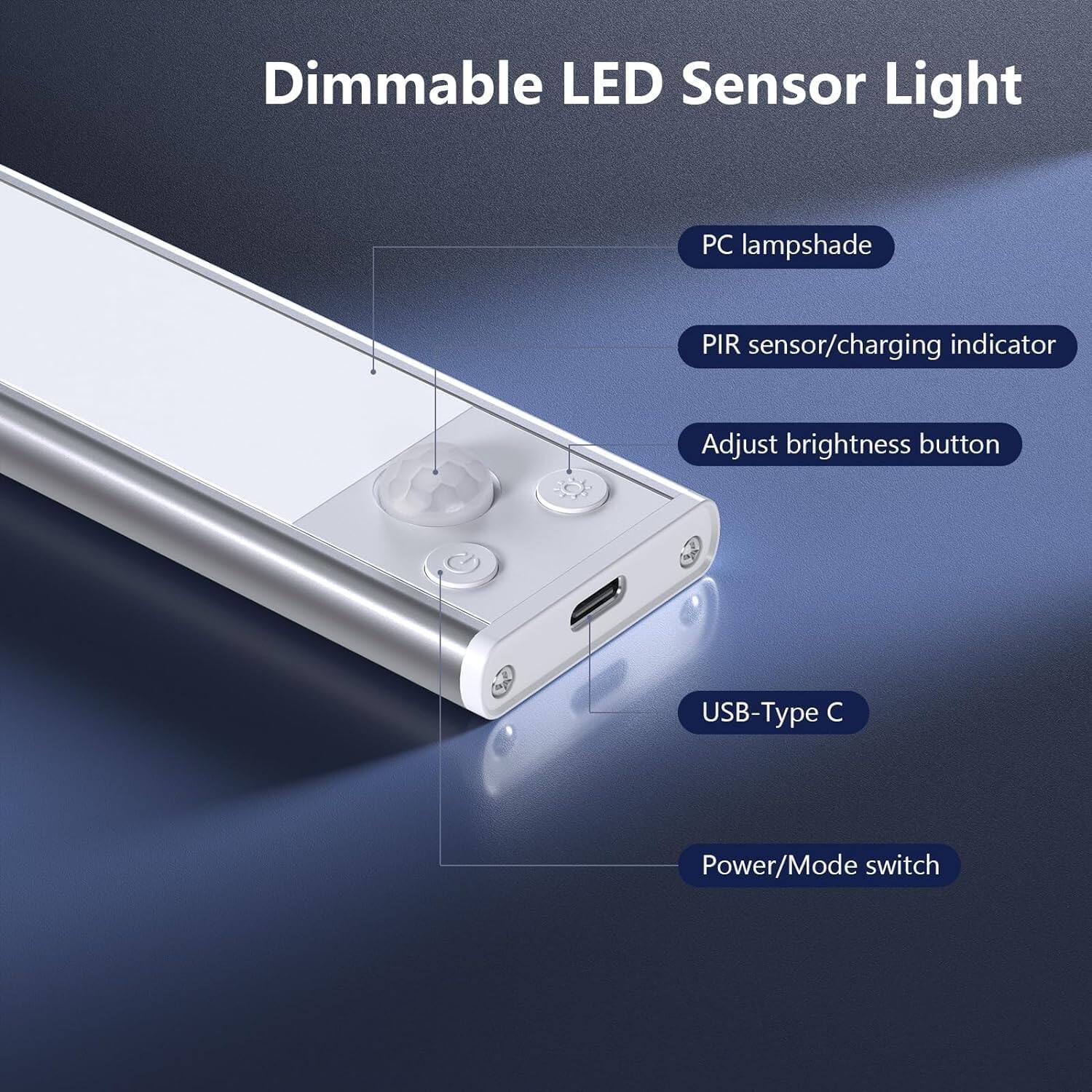 Auledio 1pc Silver Motion Sensor LED Under Cabinet Light, Rechargeable ...