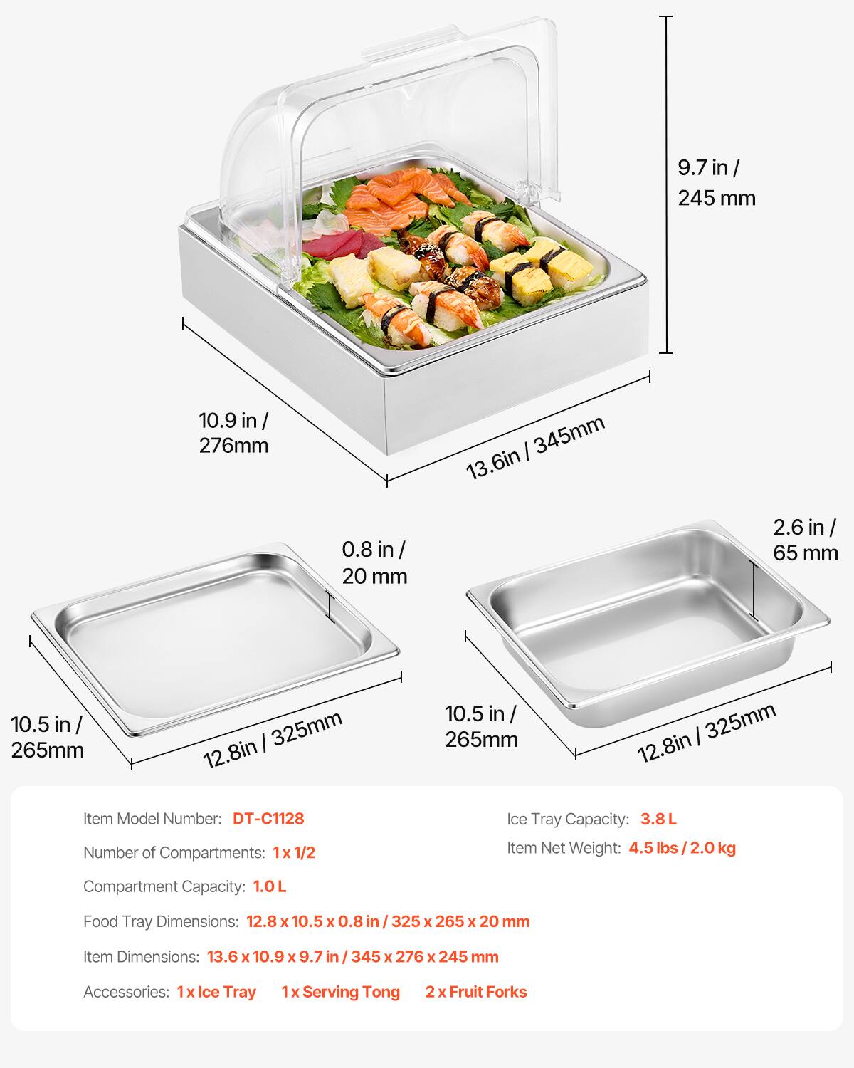 VEVOR Countertop Food Serving Display Container, 1 x 1/2 Pan Stainless ...