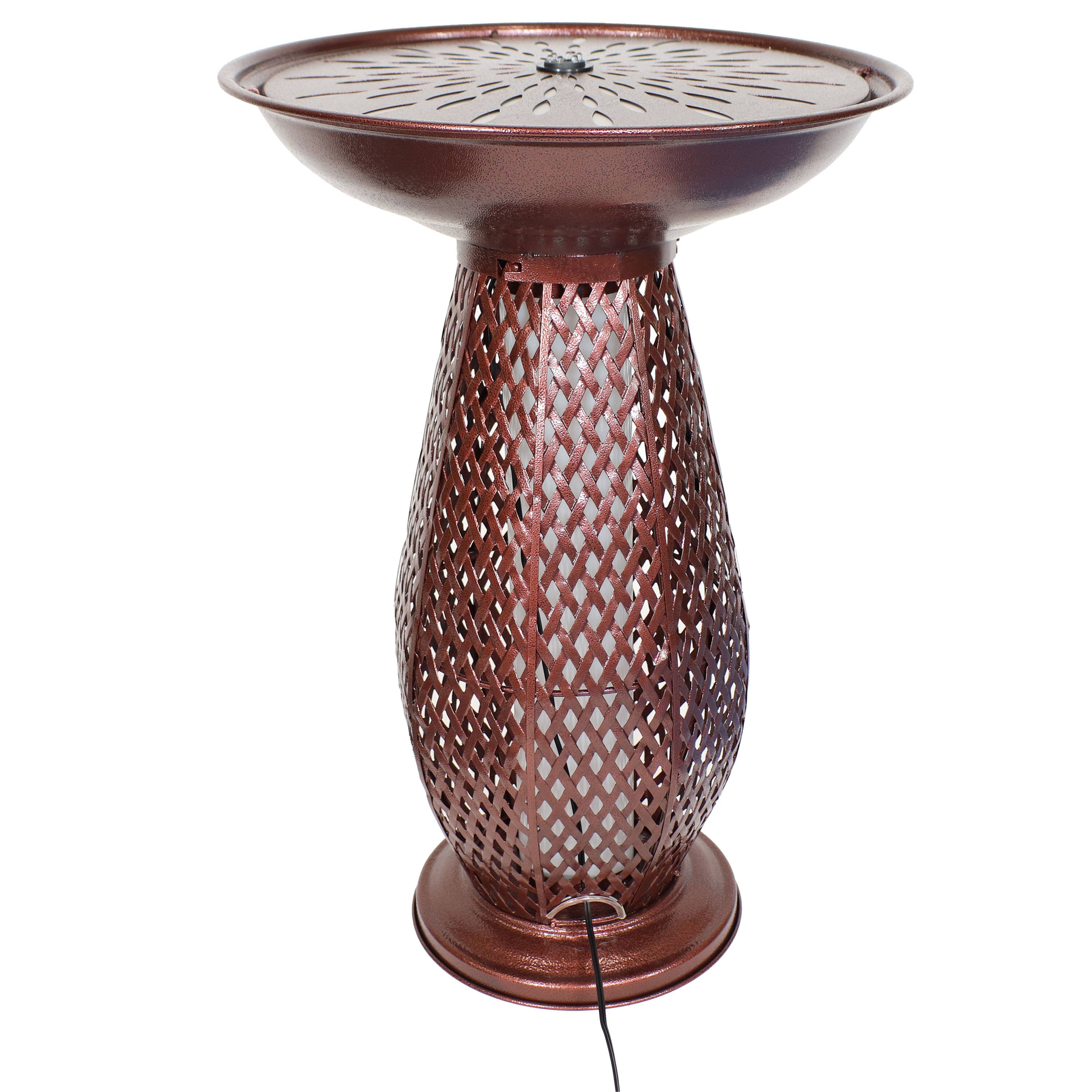 Sunnydaze Iron Crosshatch Bird Bath Water Fountain with LED Lights ...