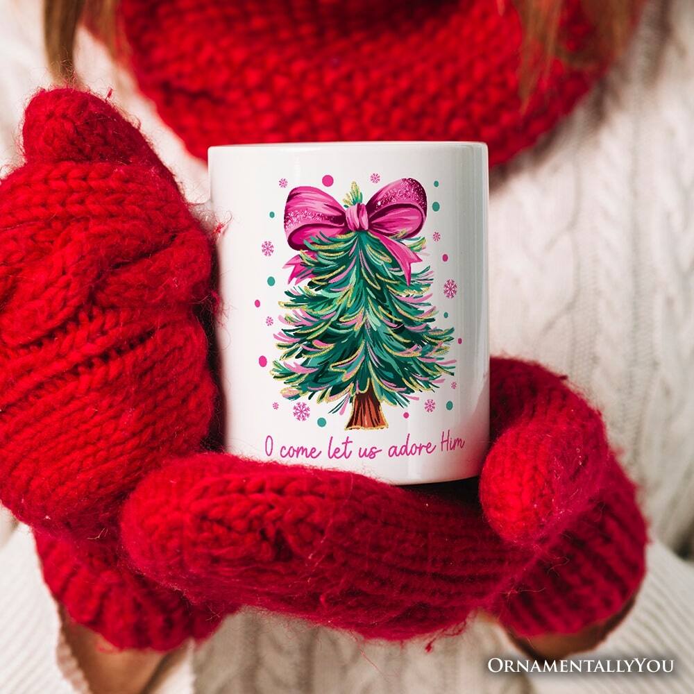 OrnamentallyYou Glitter Christmas Tree Coquette Bow Mug, O Come Let Us ...