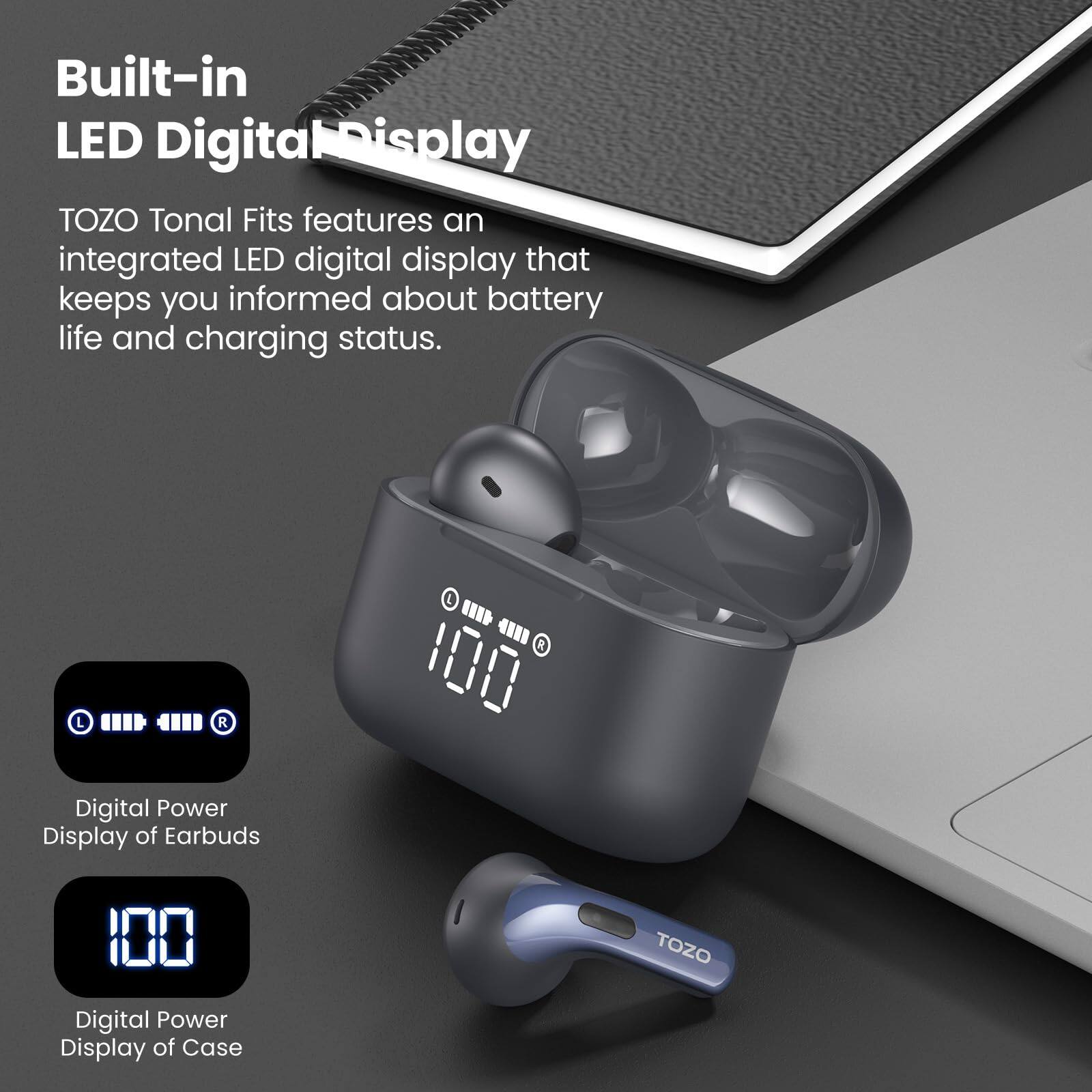 TOZO T21 Wireless Earbuds, Bluetooth 5.3, Dual Mic Noise Cancelling, IPX8, 44H Playback, LED ...