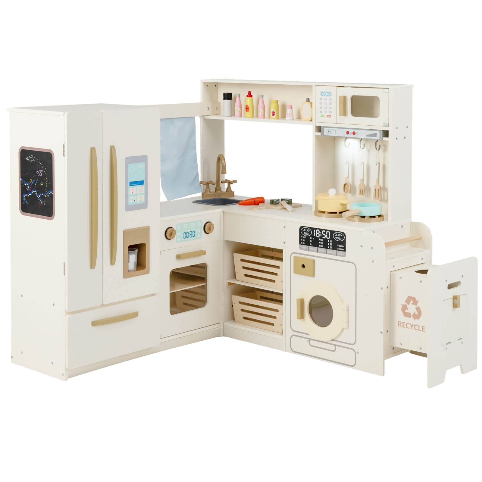 Costway Corner Play Kitchen with Lights & Sounds Wooden Toy Kitchen Set ...