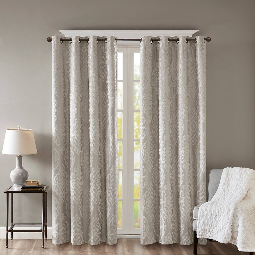 TinyHomie Knitted Jacquard Damask Total Blackout Grommet Top Curtain ...
