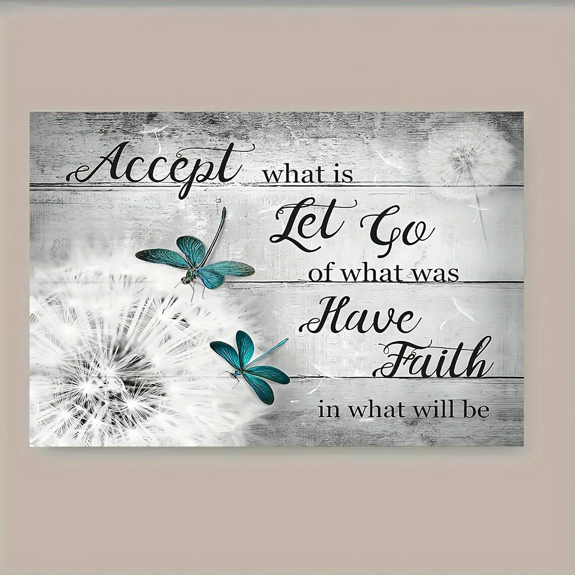 A wood frame canvas painting, black and white dandelions and blue ...