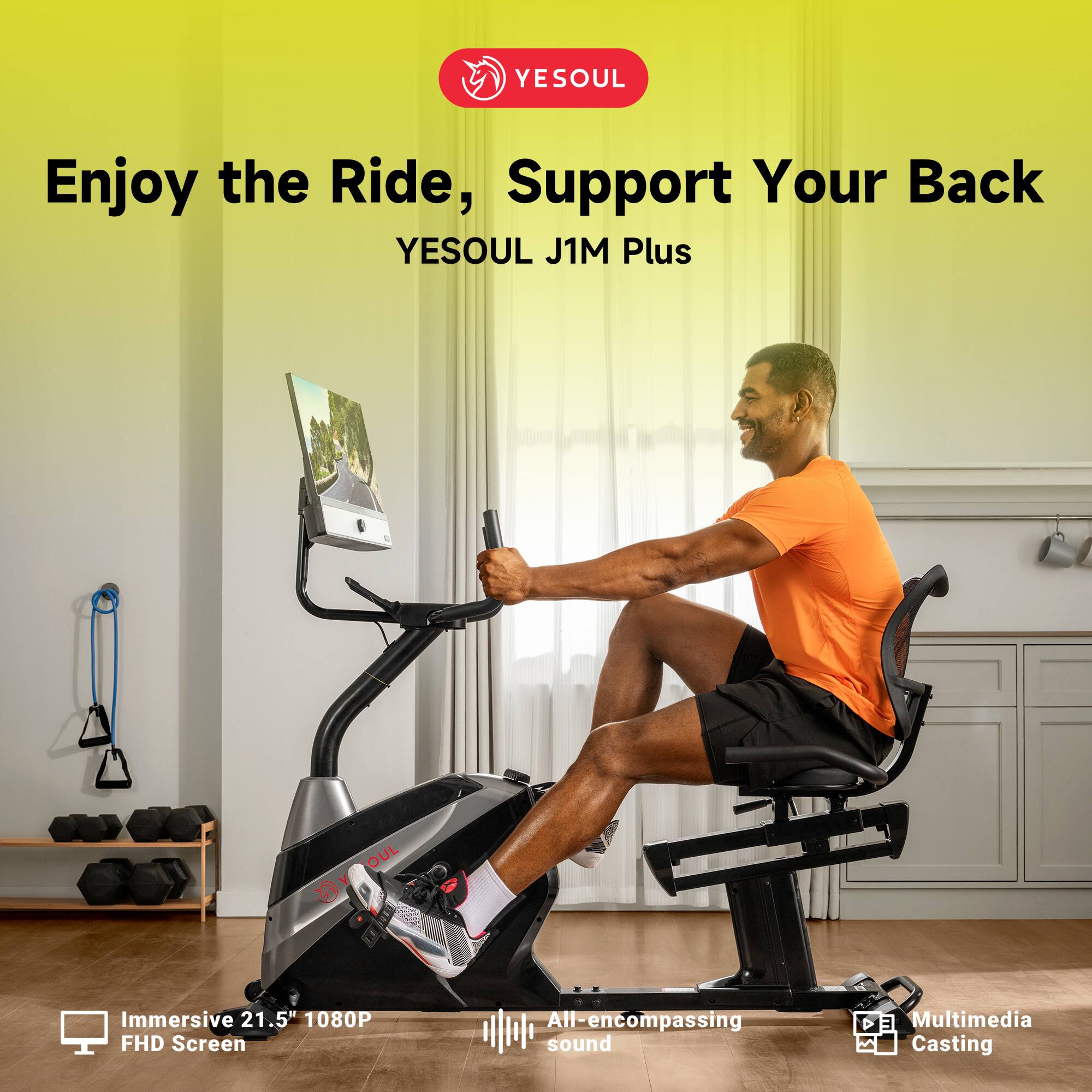 Yesoul J1 PLUS Recumbent Bike w/ 21.5" HD screen, 360° rotation. Multimedia casting, immersive ...
