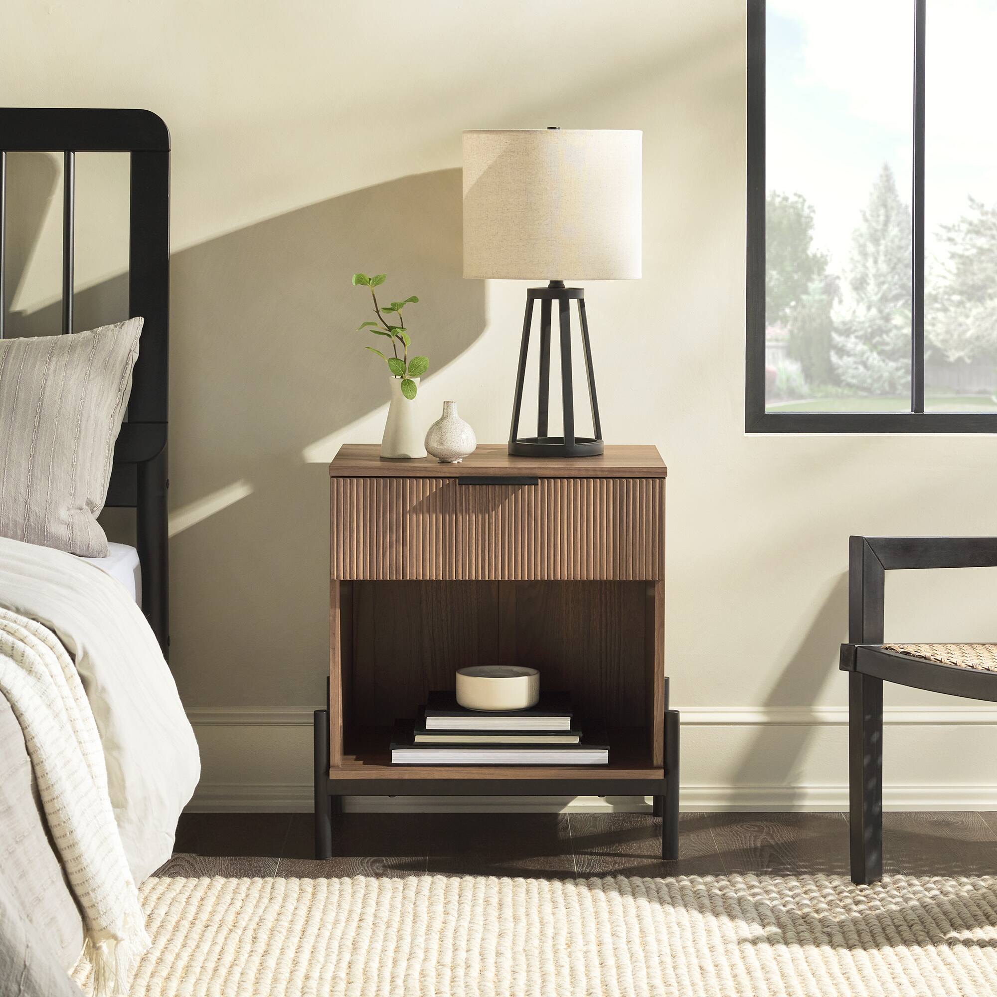 Best Buy Walker Edison Modern Reeded Front 1 Drawer Nightstand Mocha BBRSB4CMO