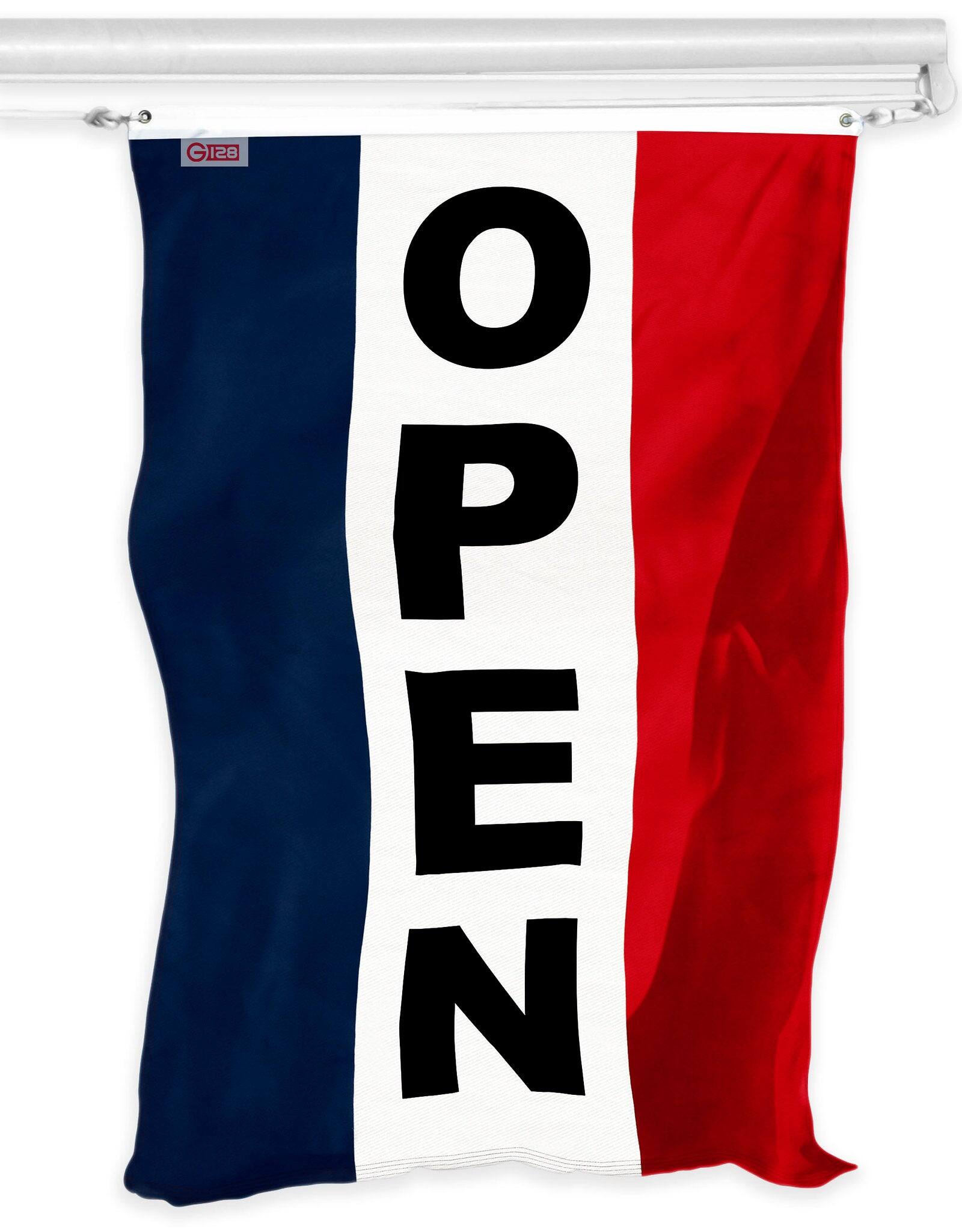 G128 Open Vertical Sign Flag 3x5 ft 150D Polyester Dye Sublimated Brass ...