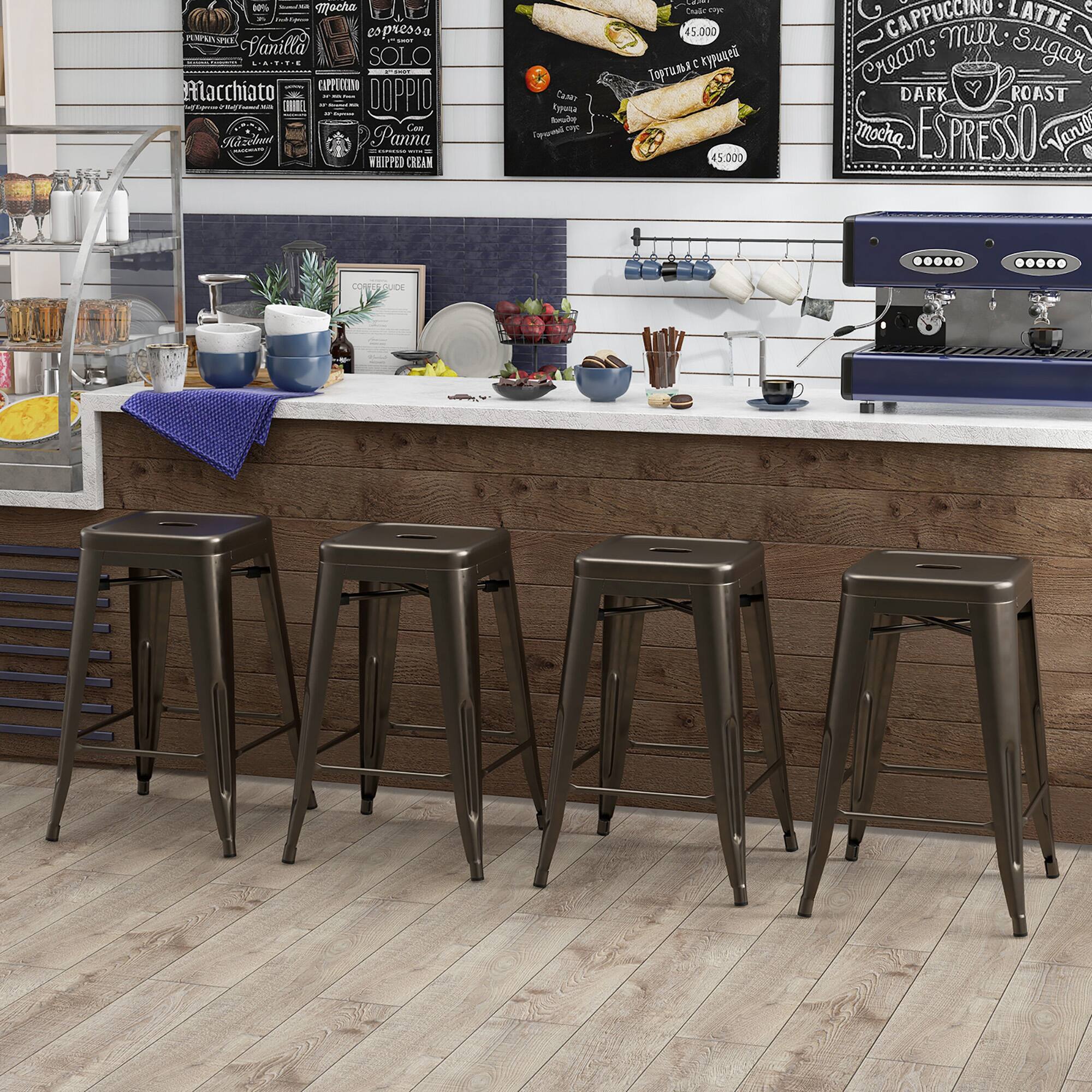 Gymax 24'' Metal Bar Stools Set of 4 w/ Square Seat Patio Bar Stools ...