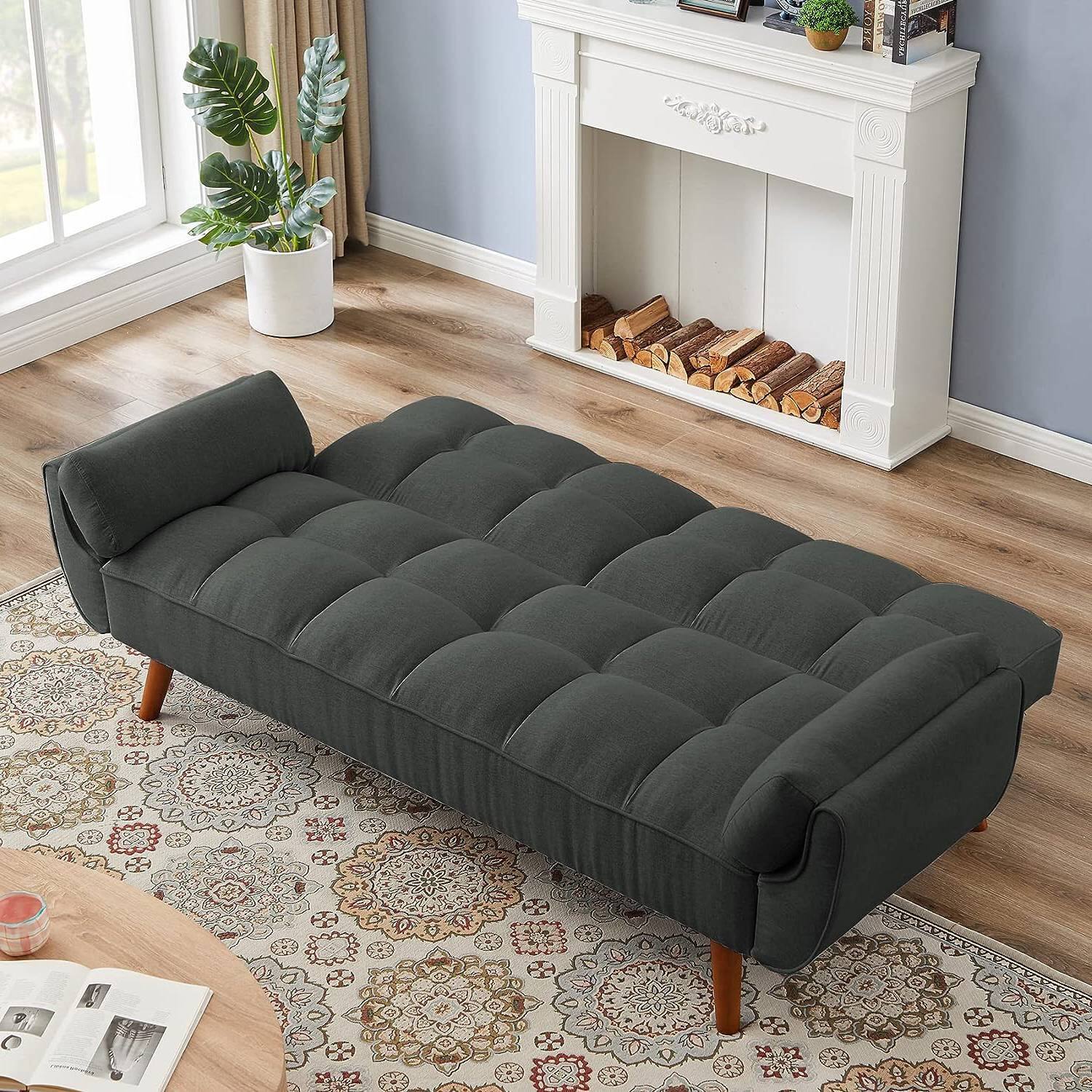 SlickBlue Linen Polyester Tufted Sofa Bed for Living Room, Mid Century ...