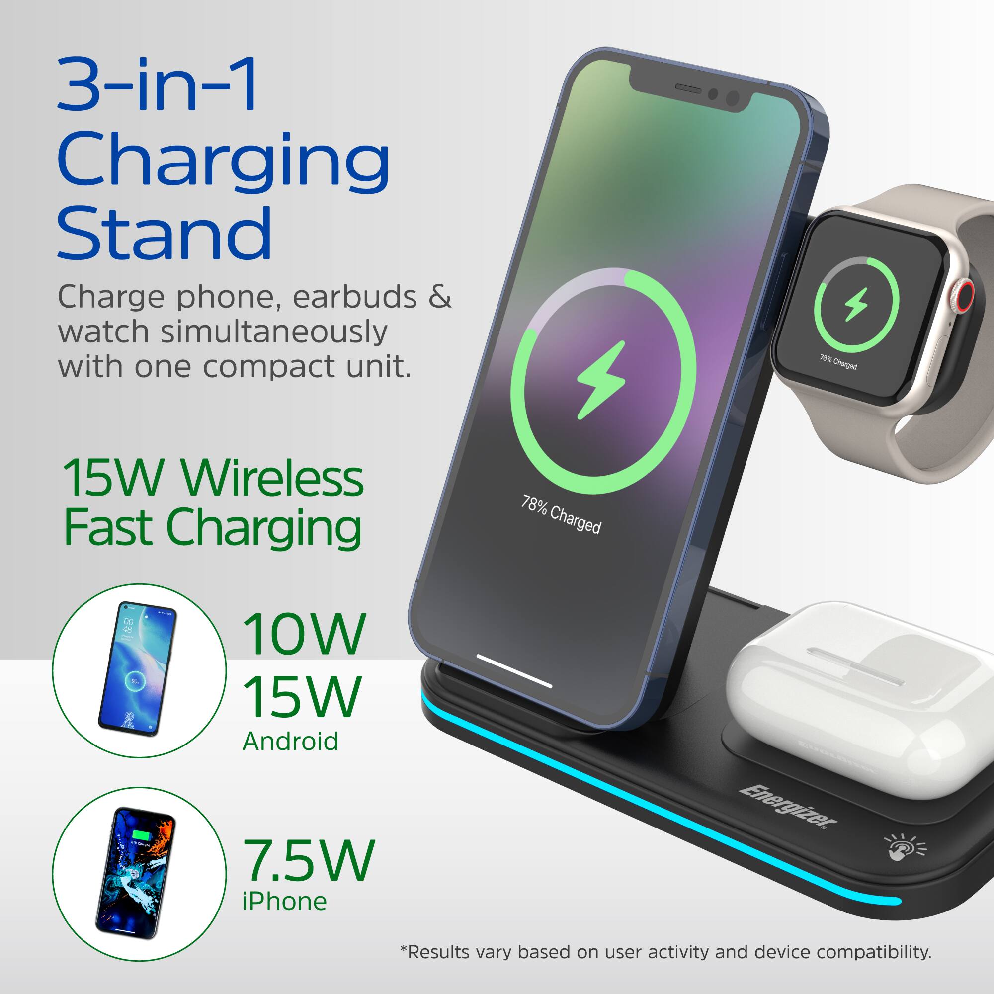 Energizer 3 in 1 15W Foldable Qi Certified Wireless Fast 15W Charger, Charging Station/Stand for ...