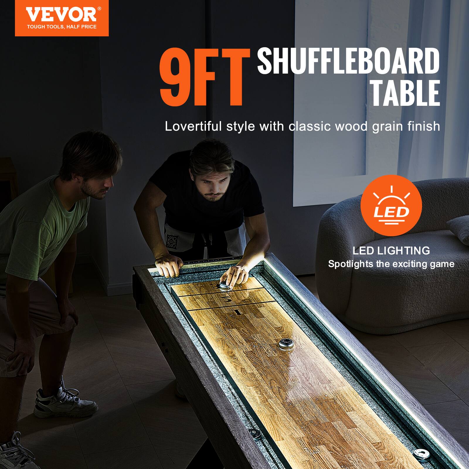VEVOR Shuffleboard Table, 9 ft LED Light Up Shuffleboard for Family ...