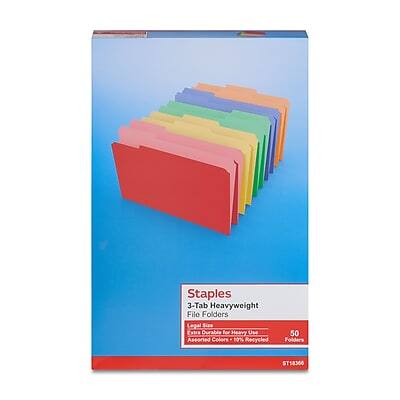 Staples Heavyweight File Folders, 1/3 Cut Tab, Legal Size, 50/Box ...