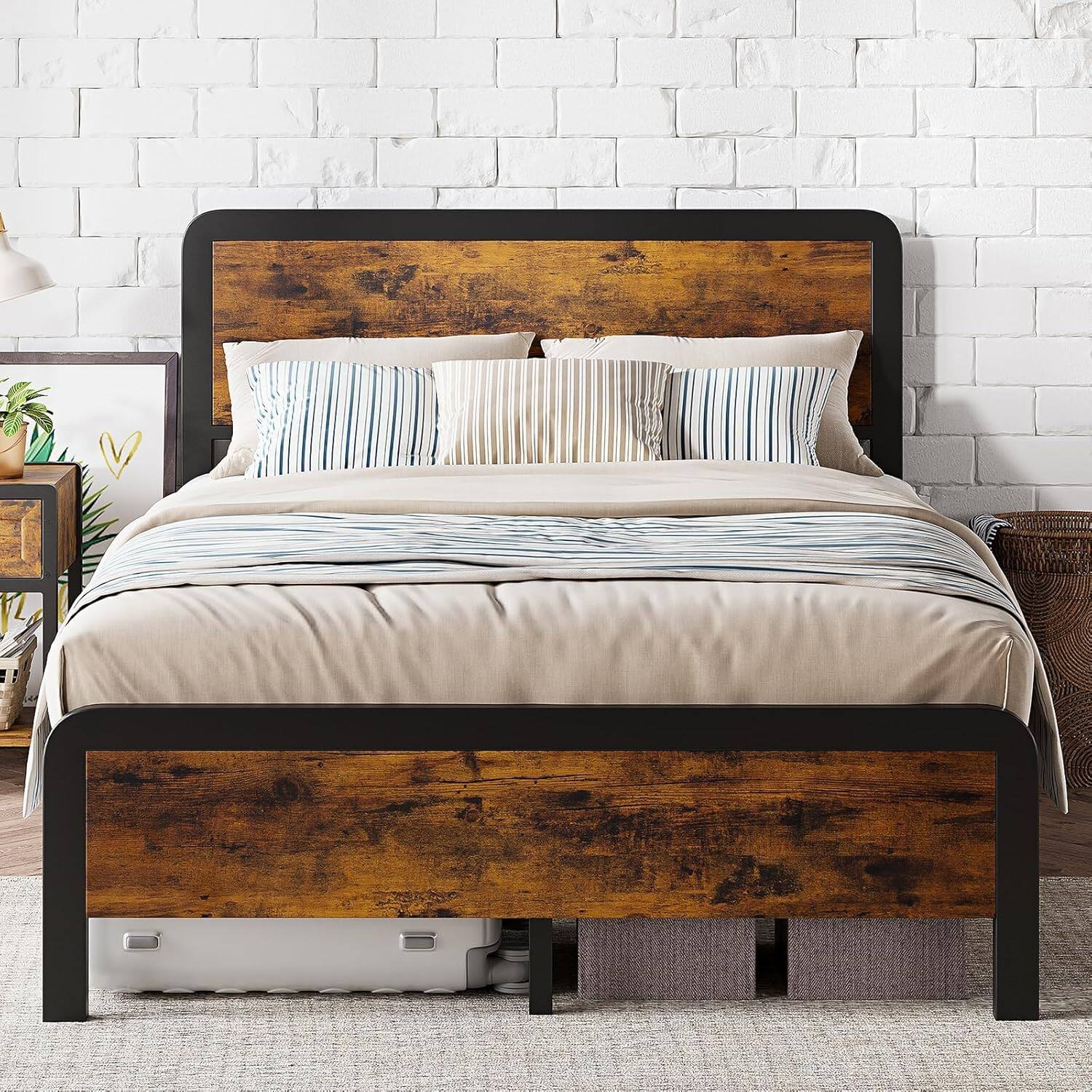 Jojoka Queen Bed Frame with Wood Headboard, Heavy Duty Metal Platform ...